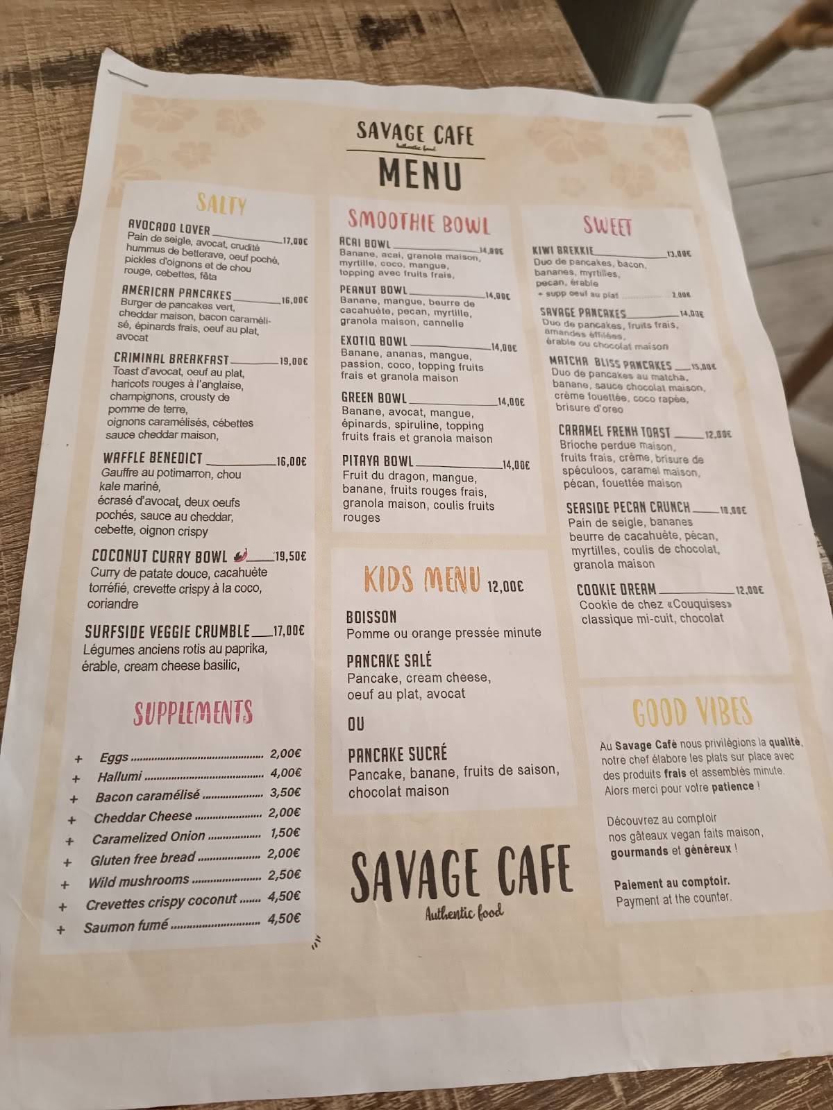 Menu au Savage Cafe Carqueiranne, Carqueiranne