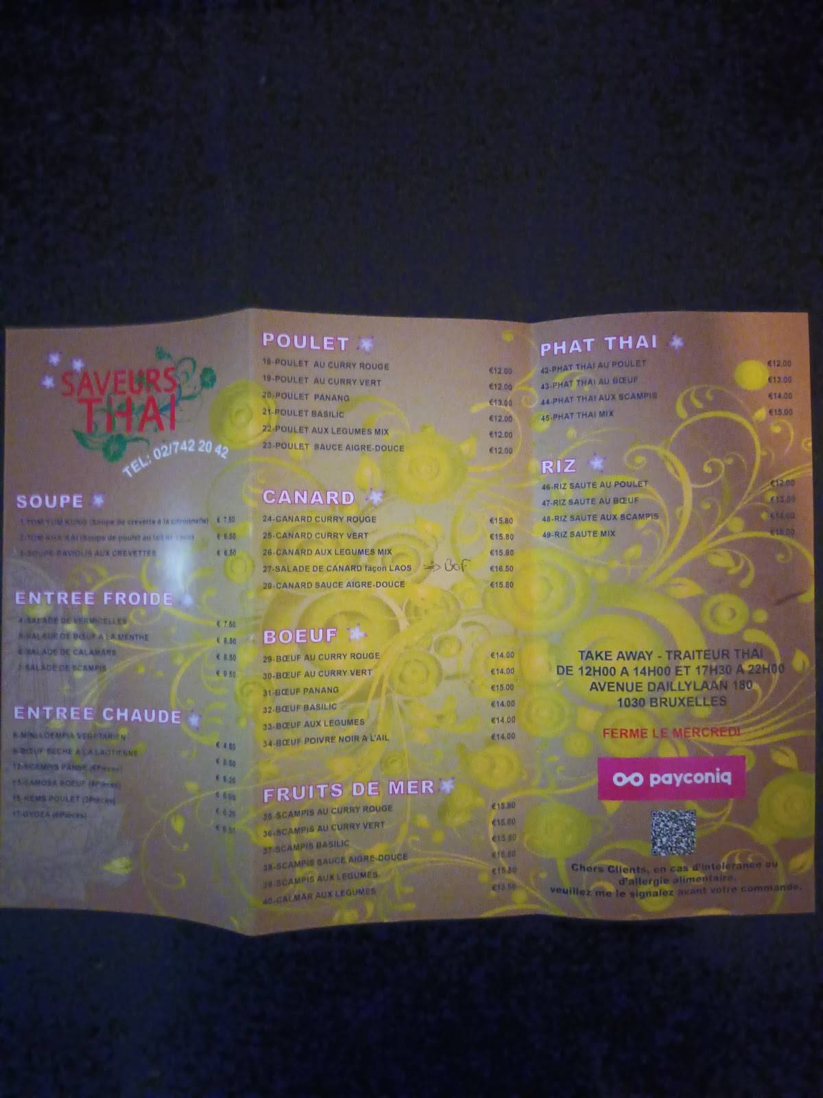Menu au Saveurs Thai restaurant, Schaerbeek