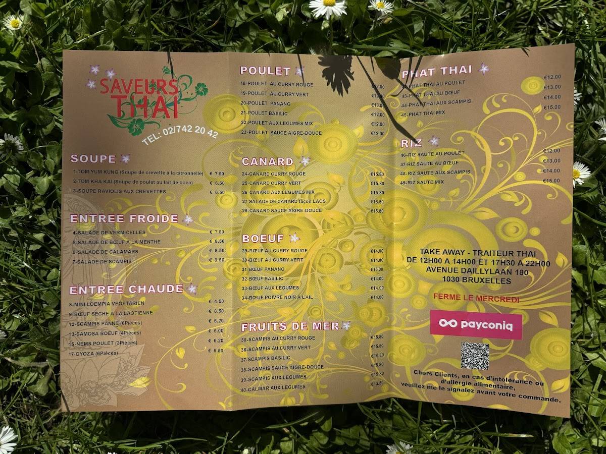 Menu au Saveurs Thai restaurant, Schaerbeek