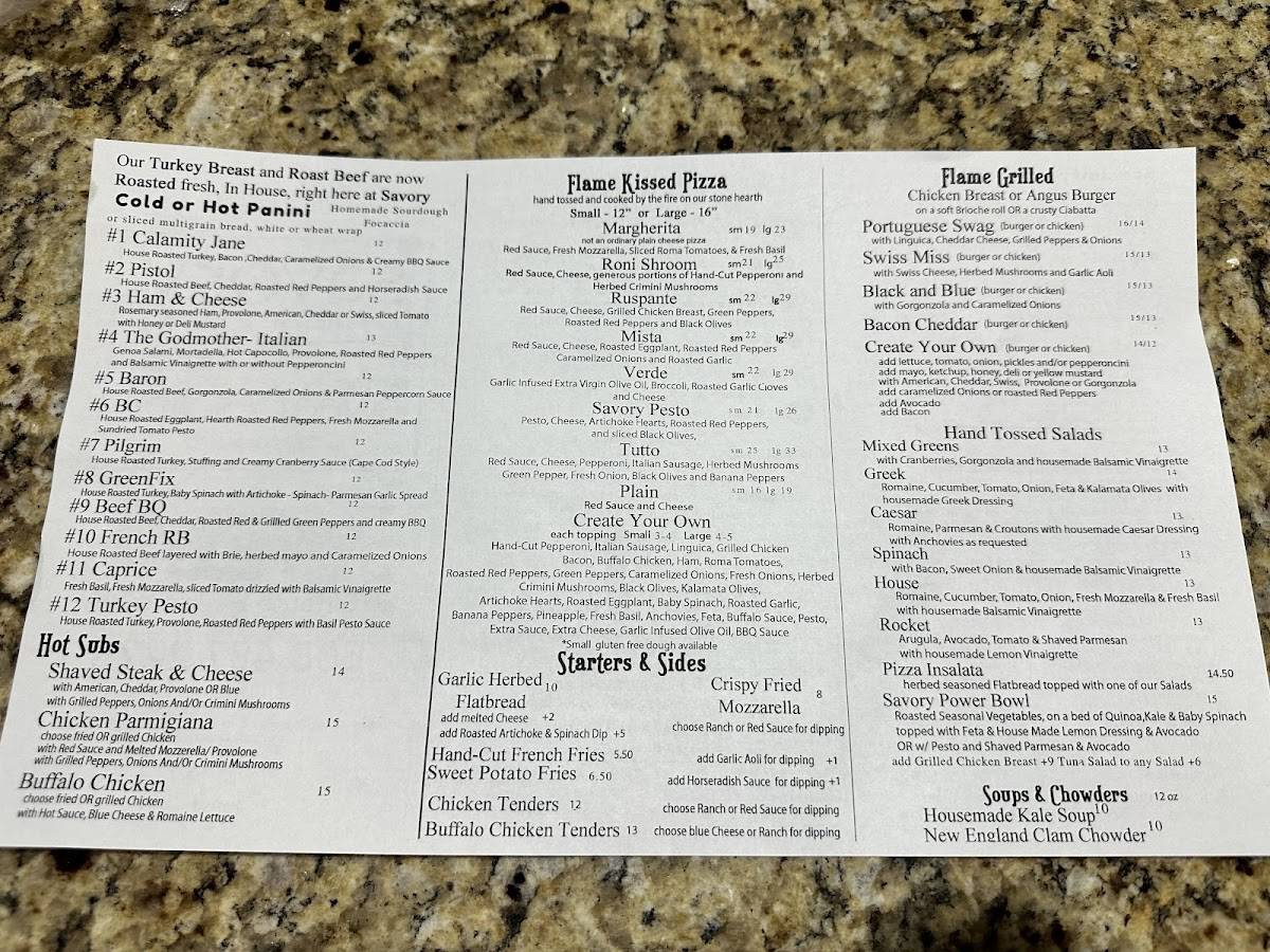 Menu at Savory & the Sweet Escape pizzeria, North Truro