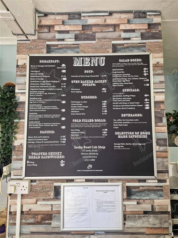 Menu at Saxby Road Cob Shop cafe, Melton Mowbray