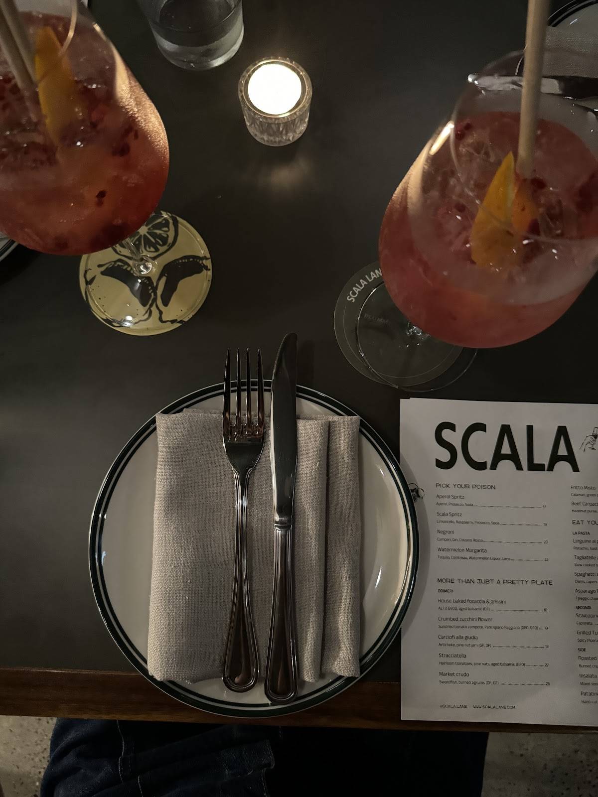 Menu at Scala Lane restaurant, Sydney