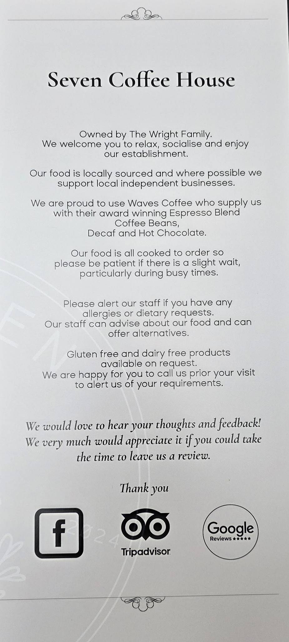 Menu at Seven Coffee House, Scarborough