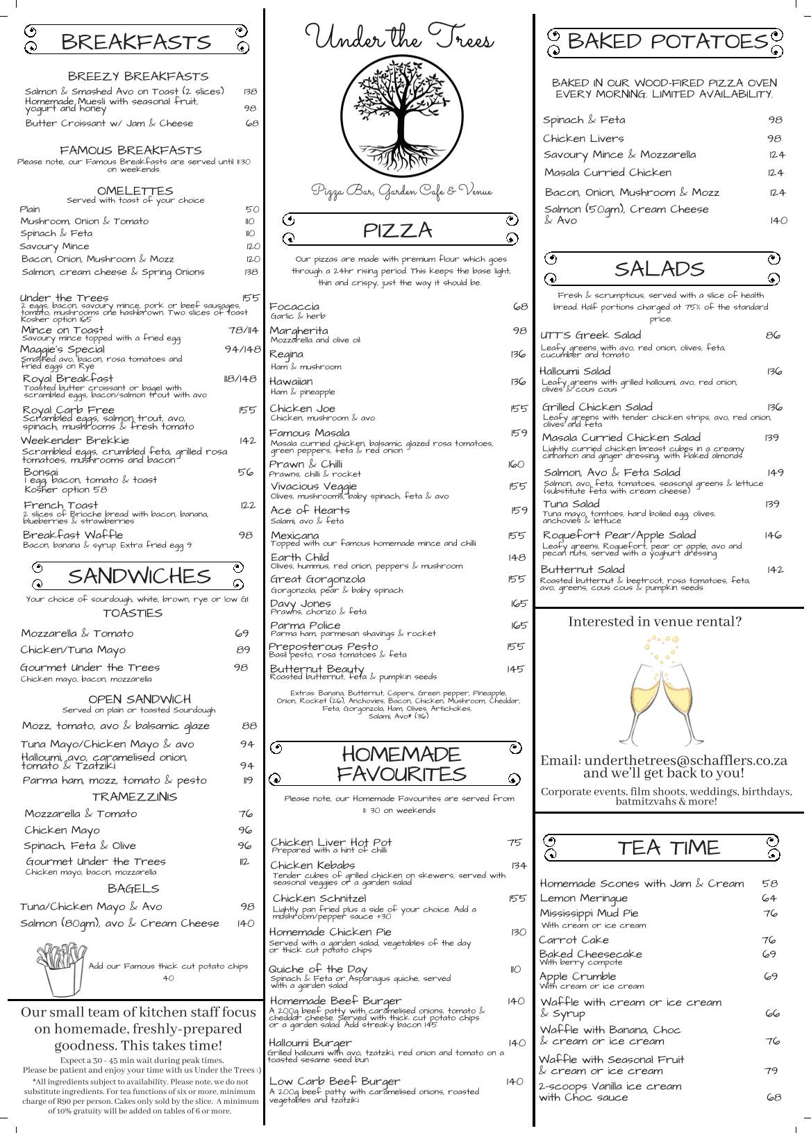 Menu at Schäffler's Nursery & Under the Trees restaurant, Johannesburg