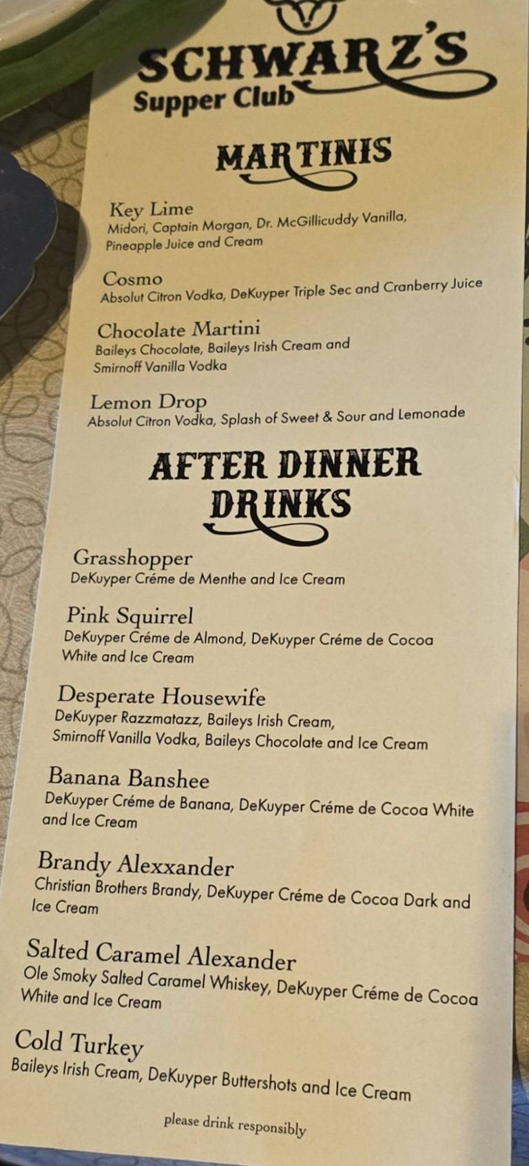 Menu at Schwarz's Supper Club, Saint Anna