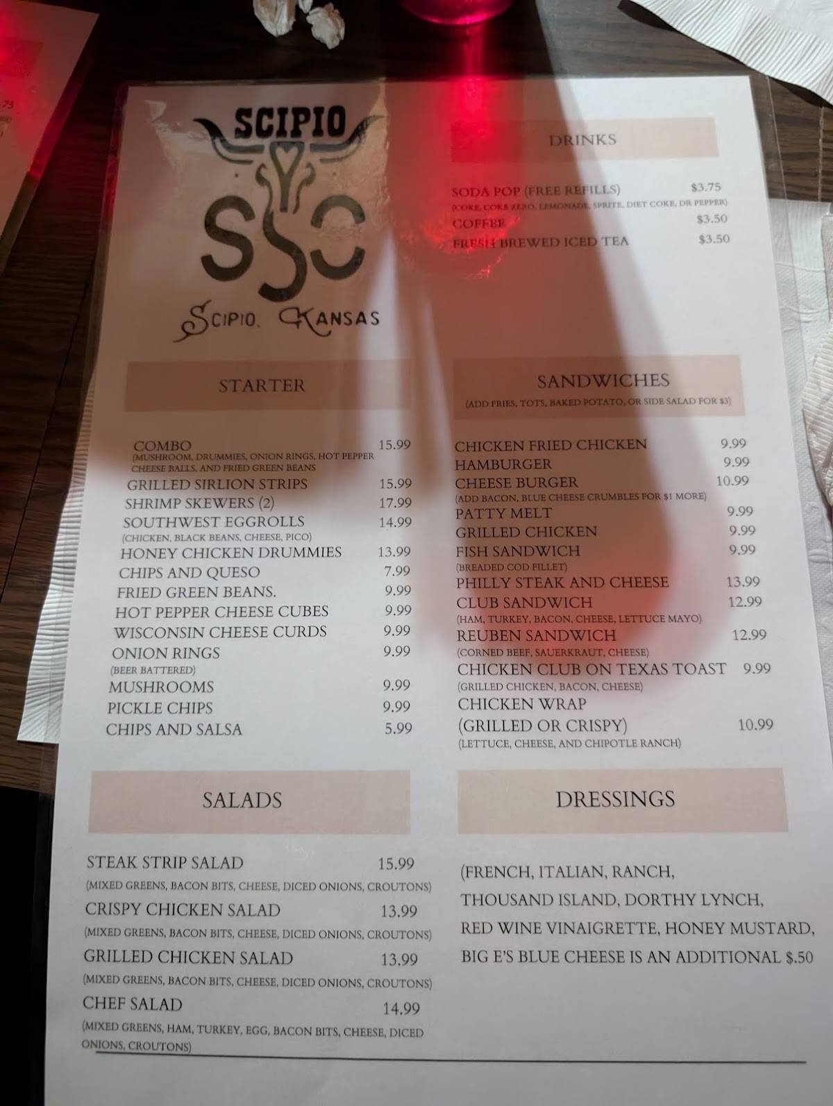 Carta de Scipio Supper Club, Estados Unidos, NE Neosho Rd
