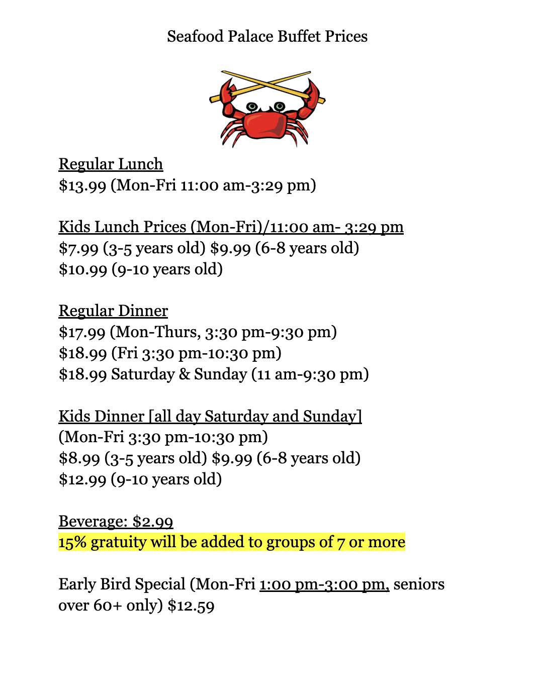 Menu at Seafood Palace Buffet restaurant, Annapolis
