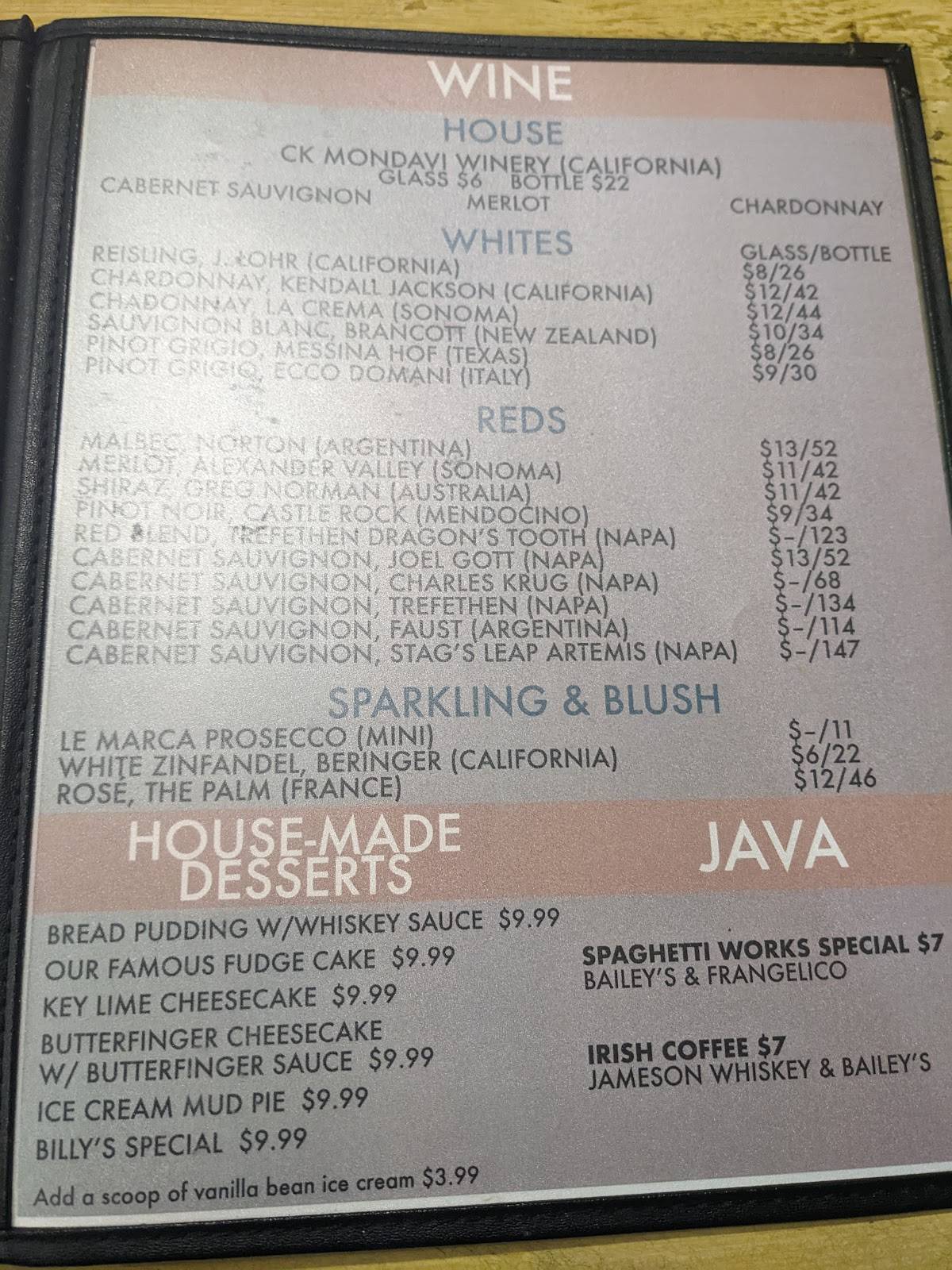 Menu at Seafood & Spaghetti Works restaurant, Port Aransas