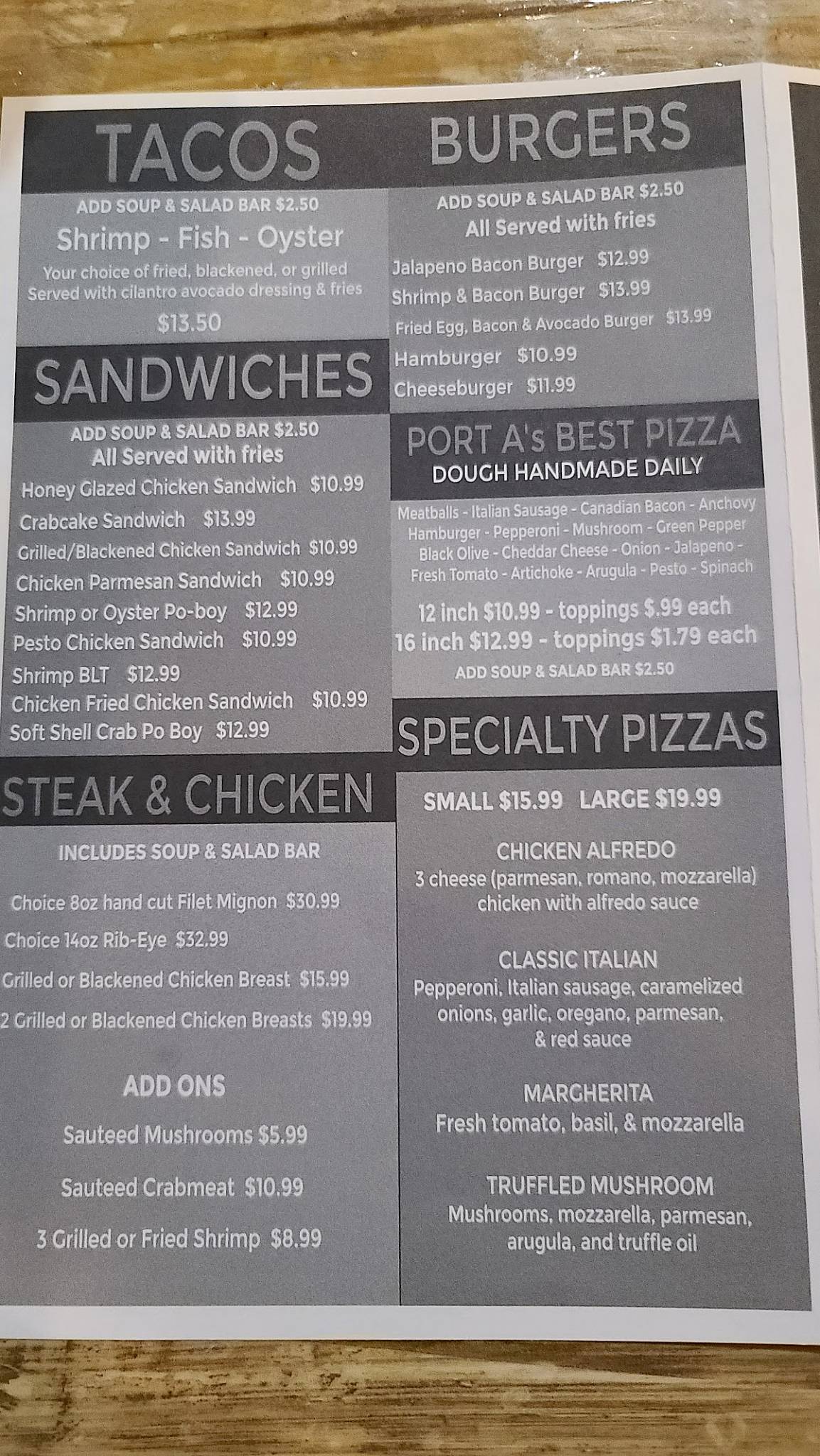 Menu at Seafood & Spaghetti Works restaurant, Port Aransas