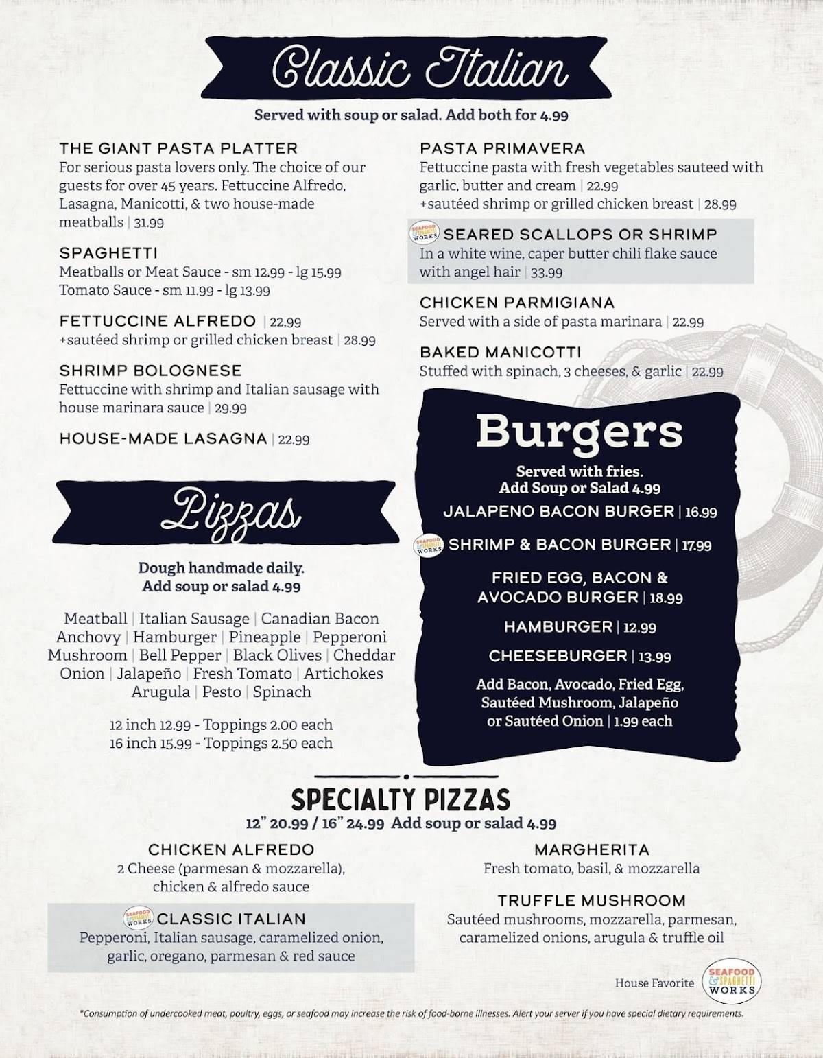Menu at Seafood & Spaghetti Works restaurant, Port Aransas