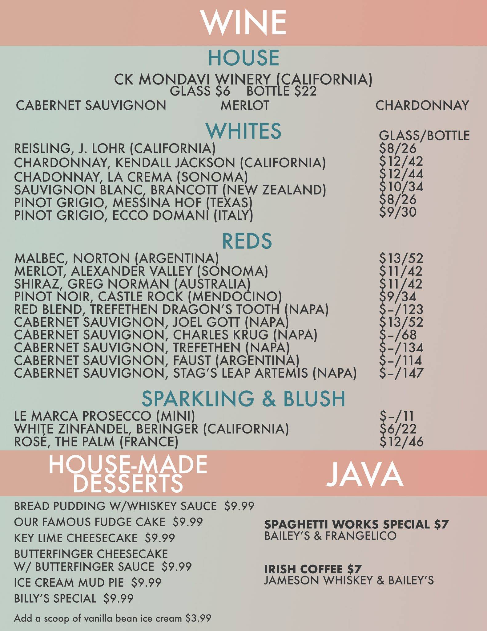 Menu at Seafood & Spaghetti Works restaurant, Port Aransas