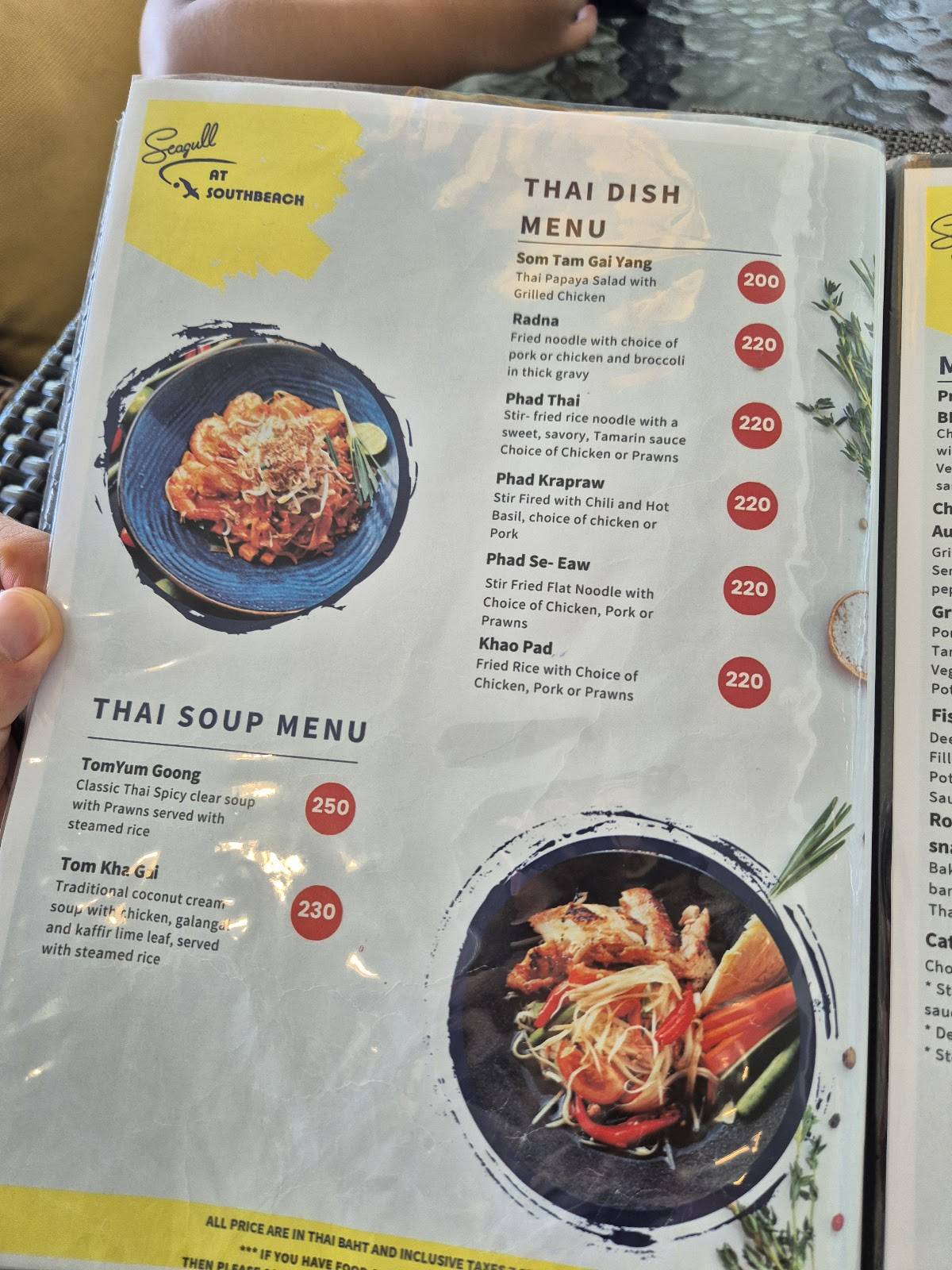 Menu at Seagull at Southbeach restaurant, Kathu