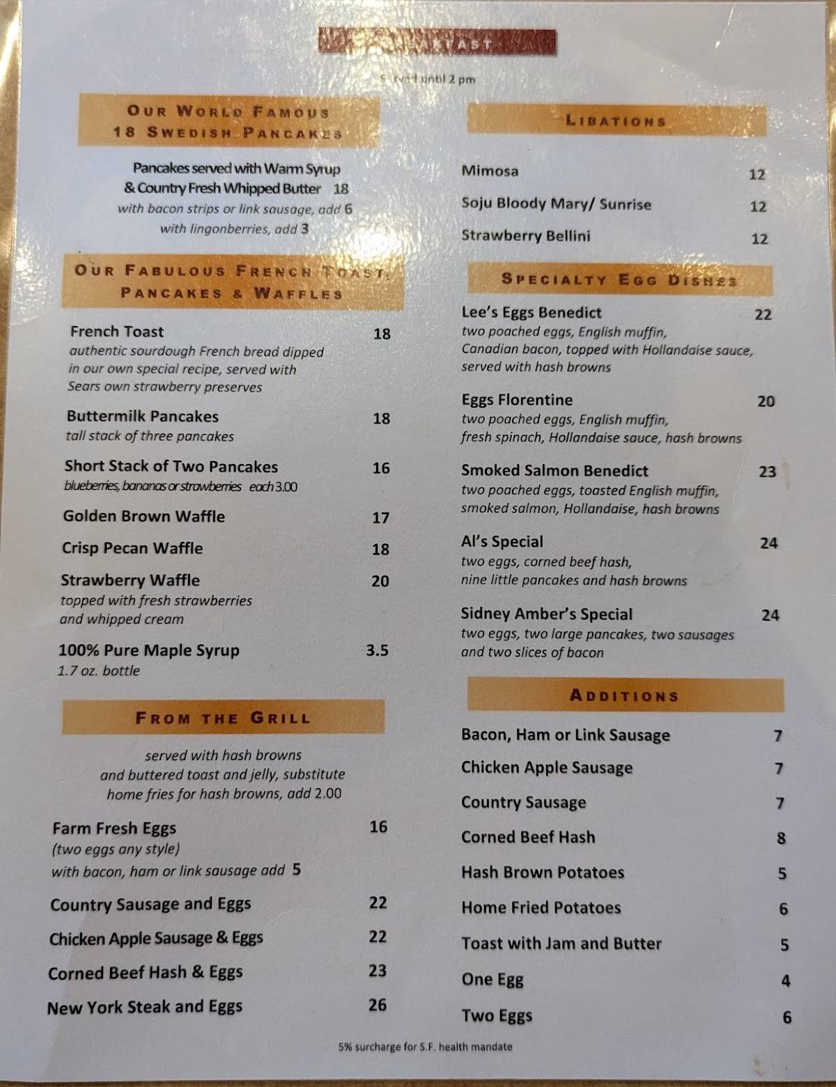 Menu at Sears Fine Food restaurant, San Francisco