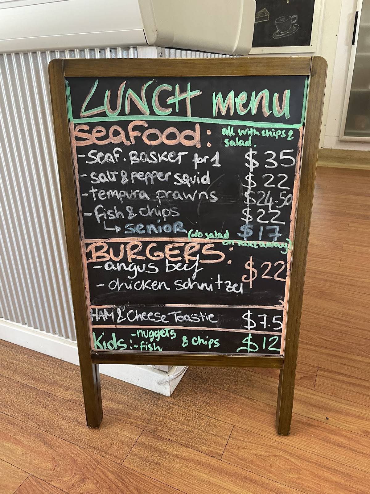 Menu at Seashells Cafe, Cervantes
