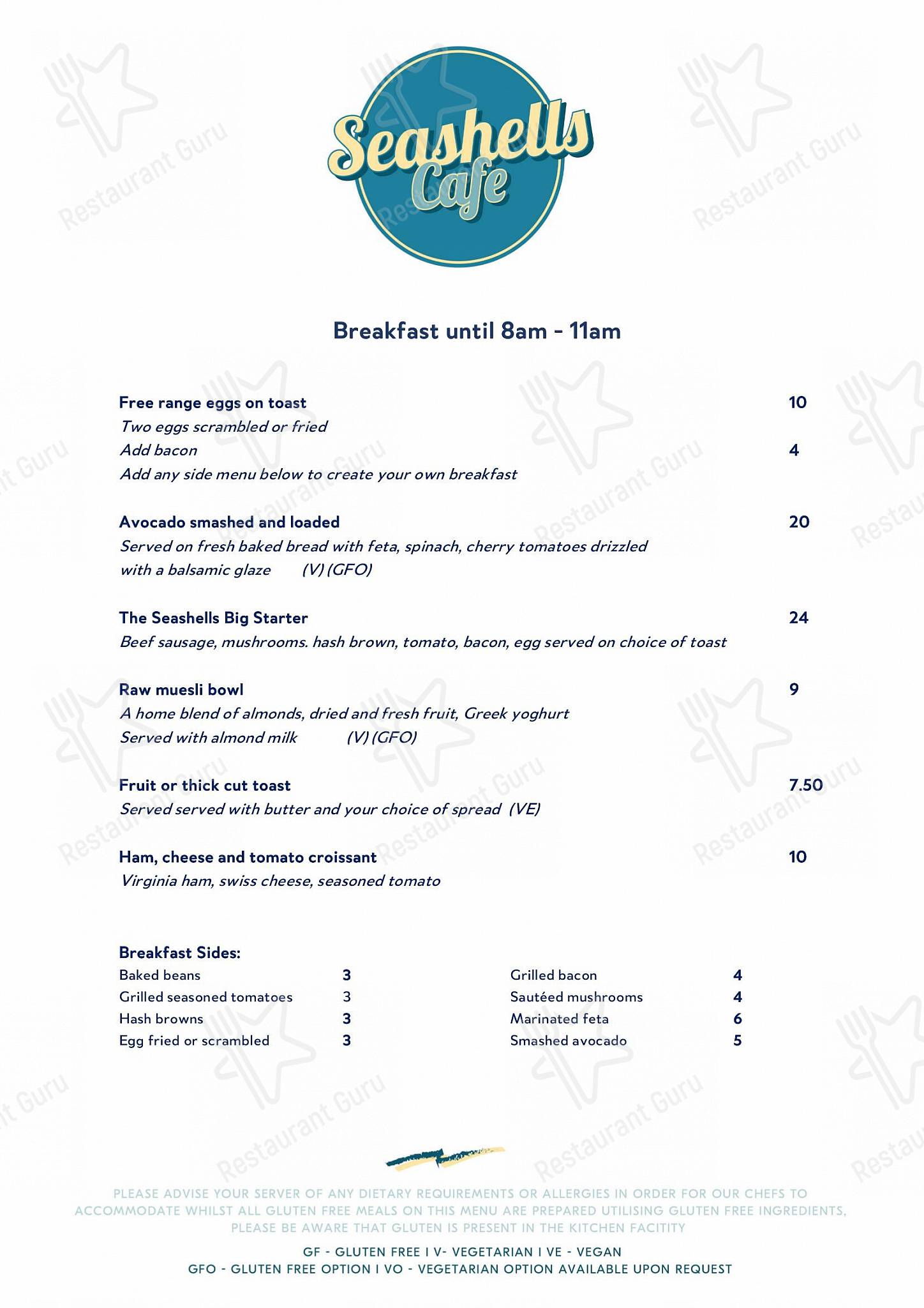 Menu at Seashells Cafe, Cervantes