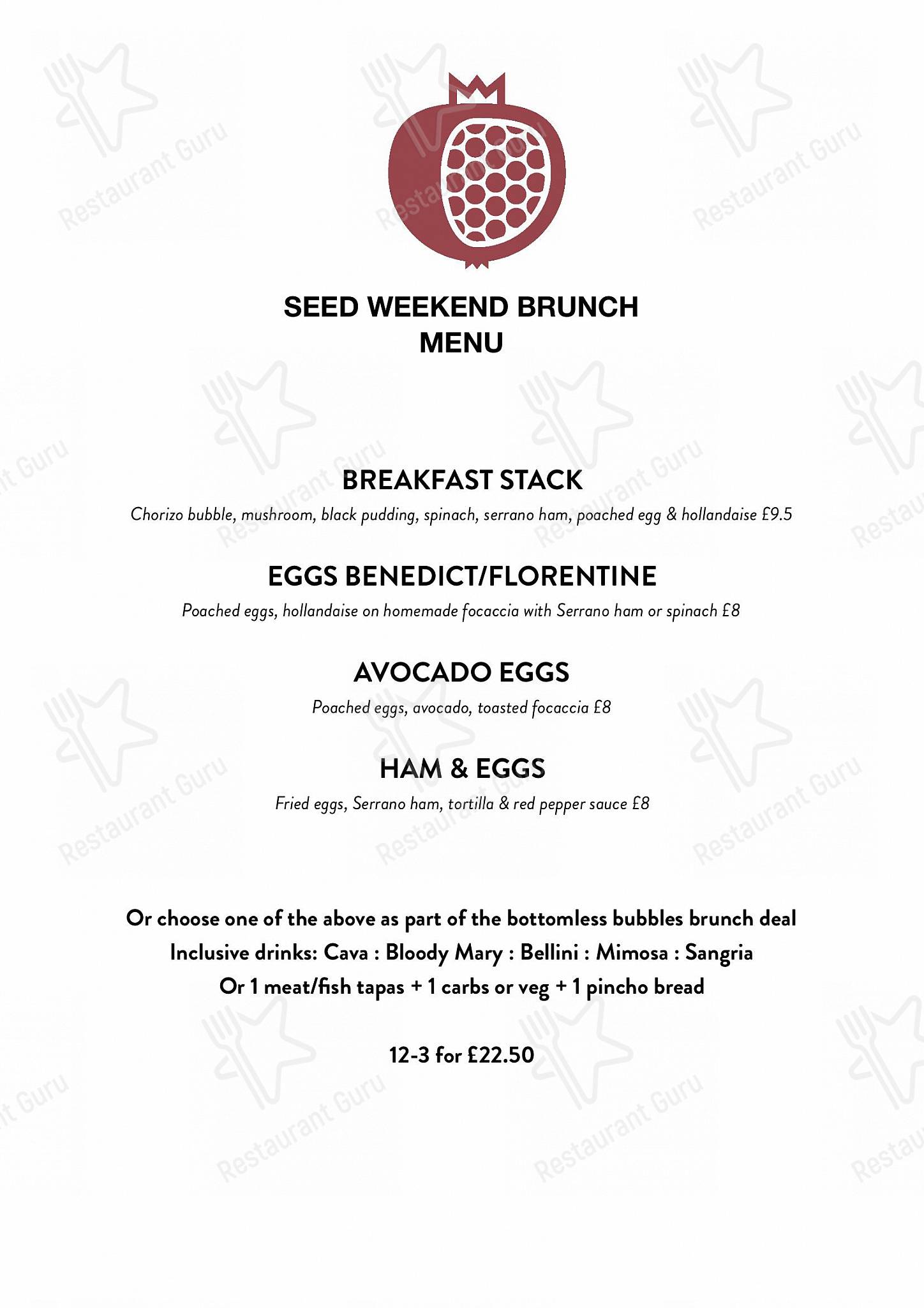 Menu at Seed Hastings pub & bar, Hastings