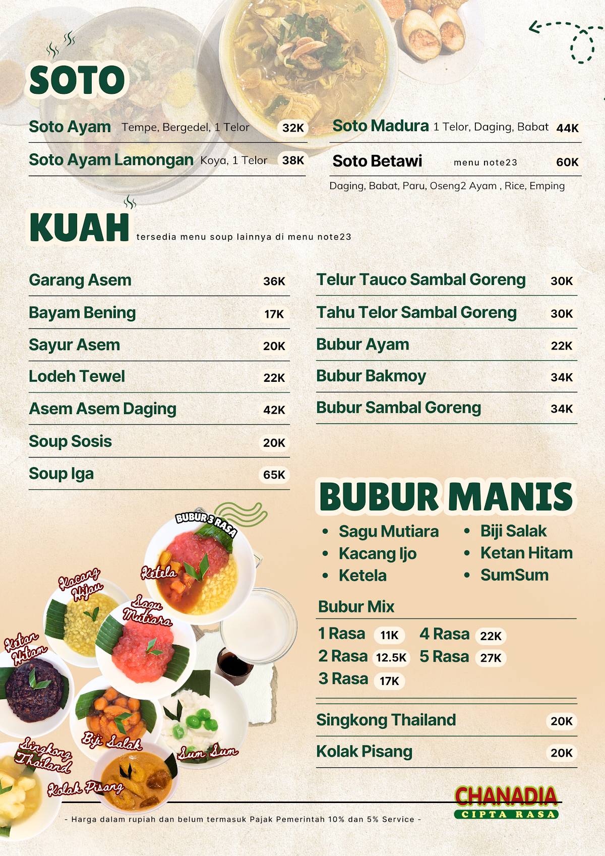 Menu at Chanadia Cipta Rasa Erlangga restaurant, Semarang