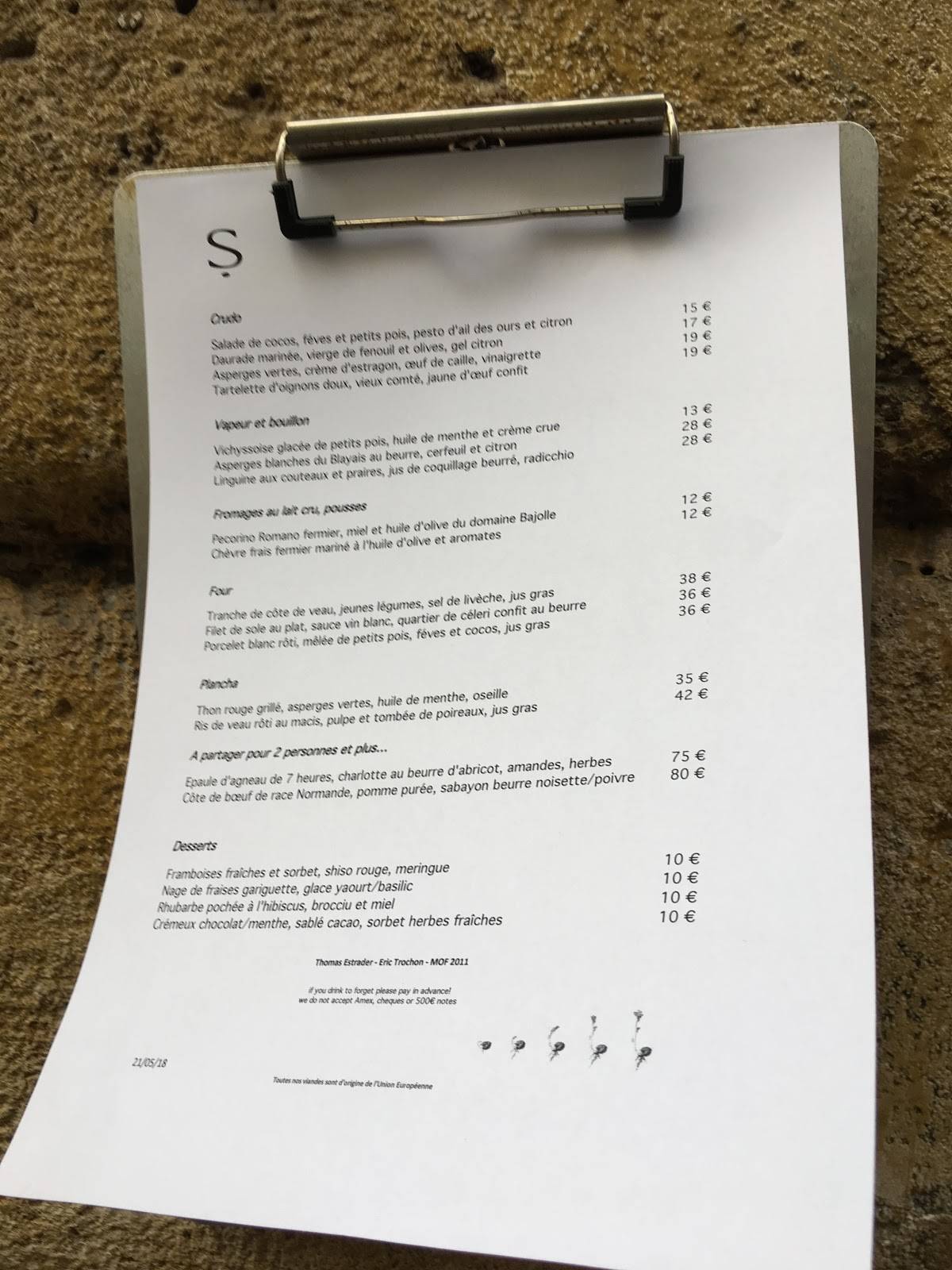 Menu au Semilla restaurant, Paris, 54 Rue de Seine