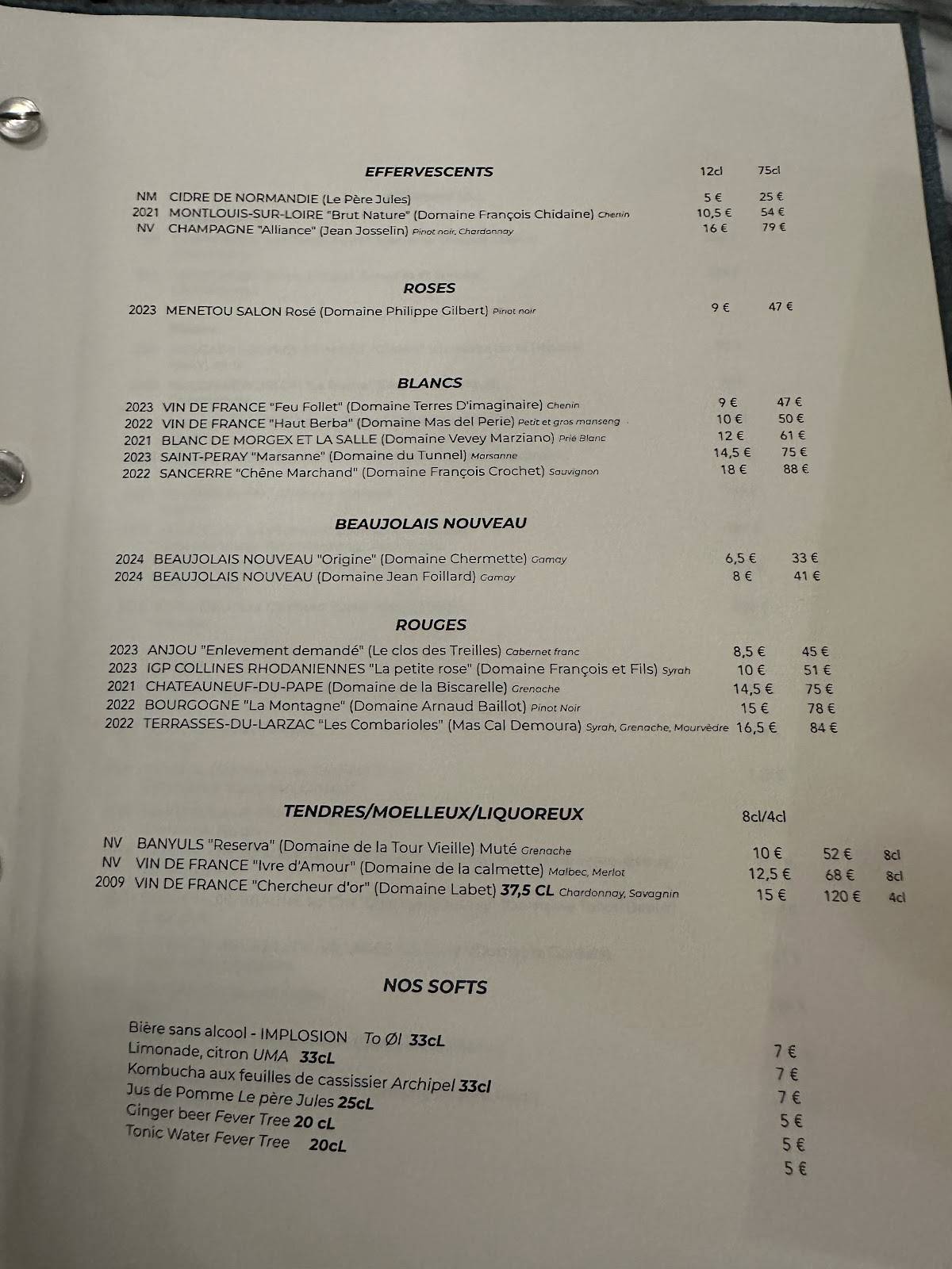Menu au Semilla restaurant, Paris, 54 Rue de Seine