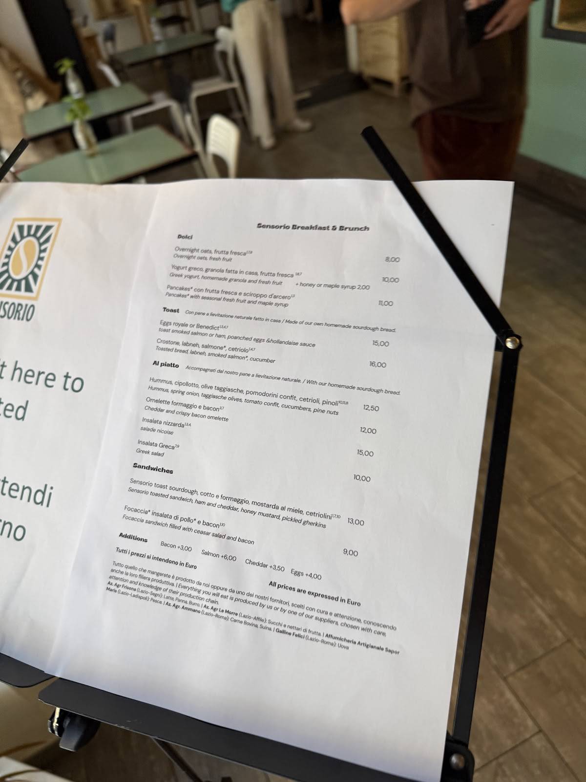 Menu at Sensorio Coffee Lab cafe, Rome