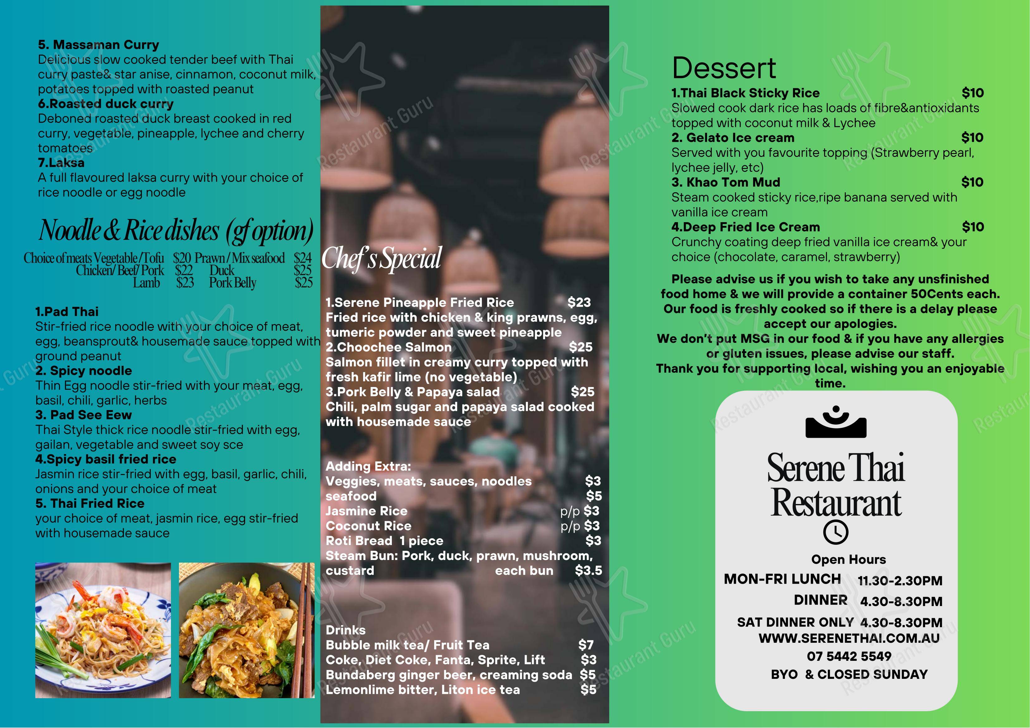 Menu at Serene Thai Restaurant, Cooroy