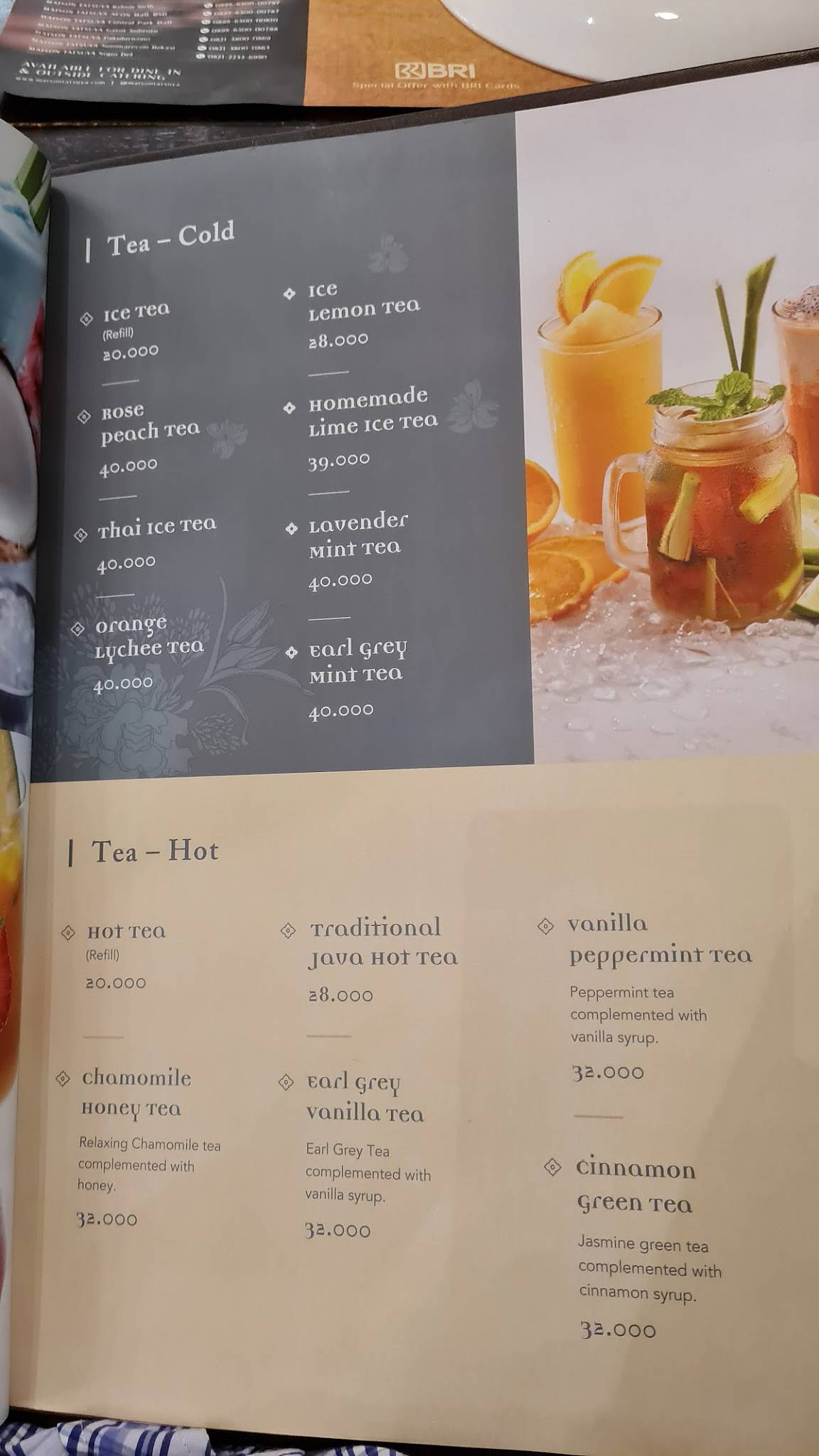 Menu at Seribu Rasa restaurant, Jakarta, Plaza Indonesia
