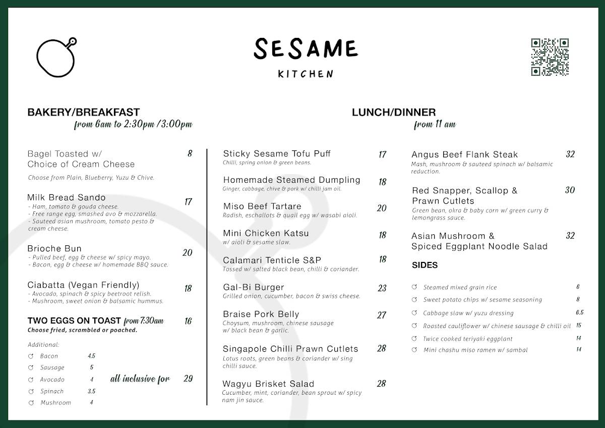Menu at Sesame Kitchen restaurant, East Brisbane