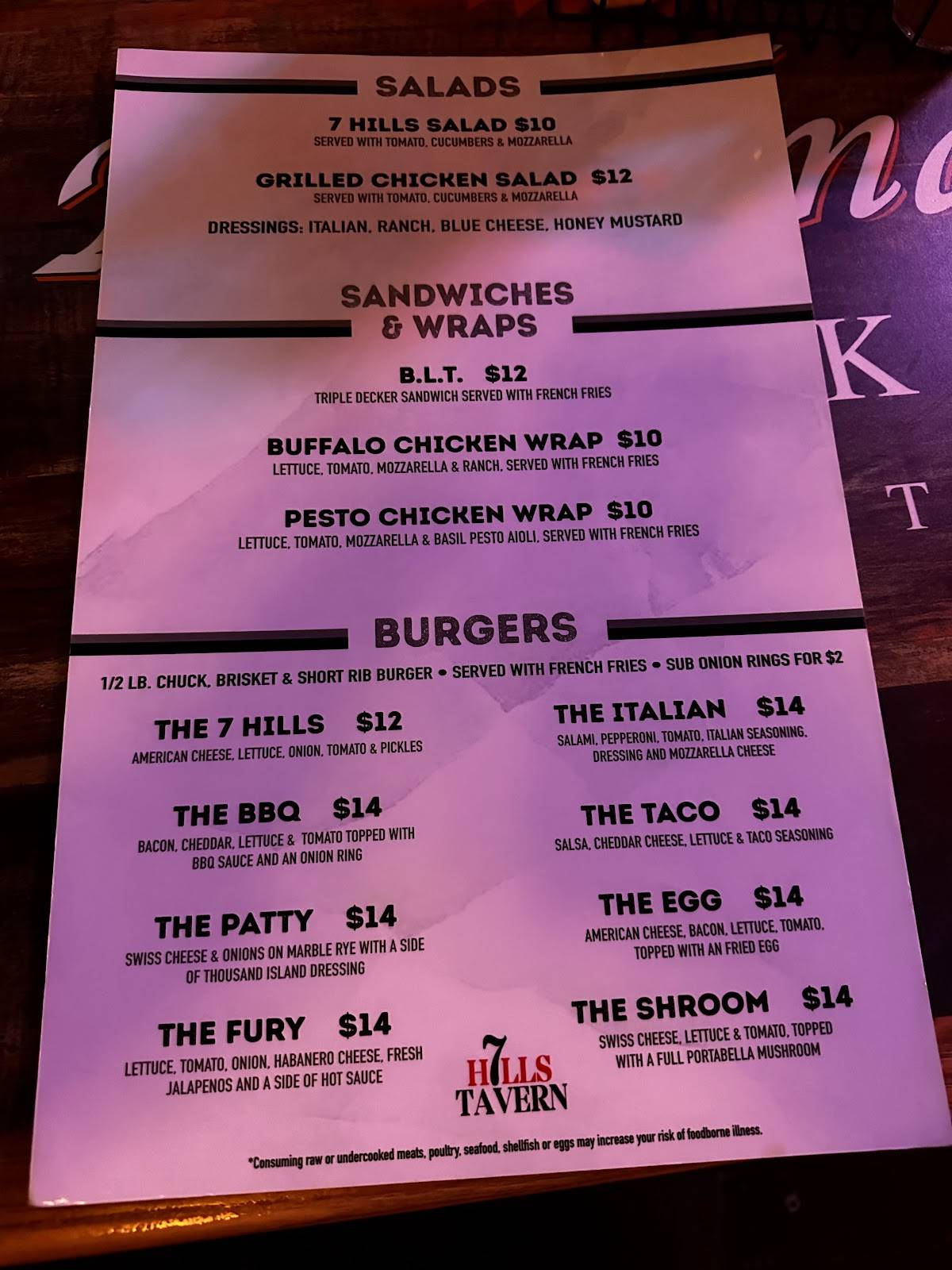 Menu at Seven Hills Tavern pub & bar, Seven Hills, Broadview Rd