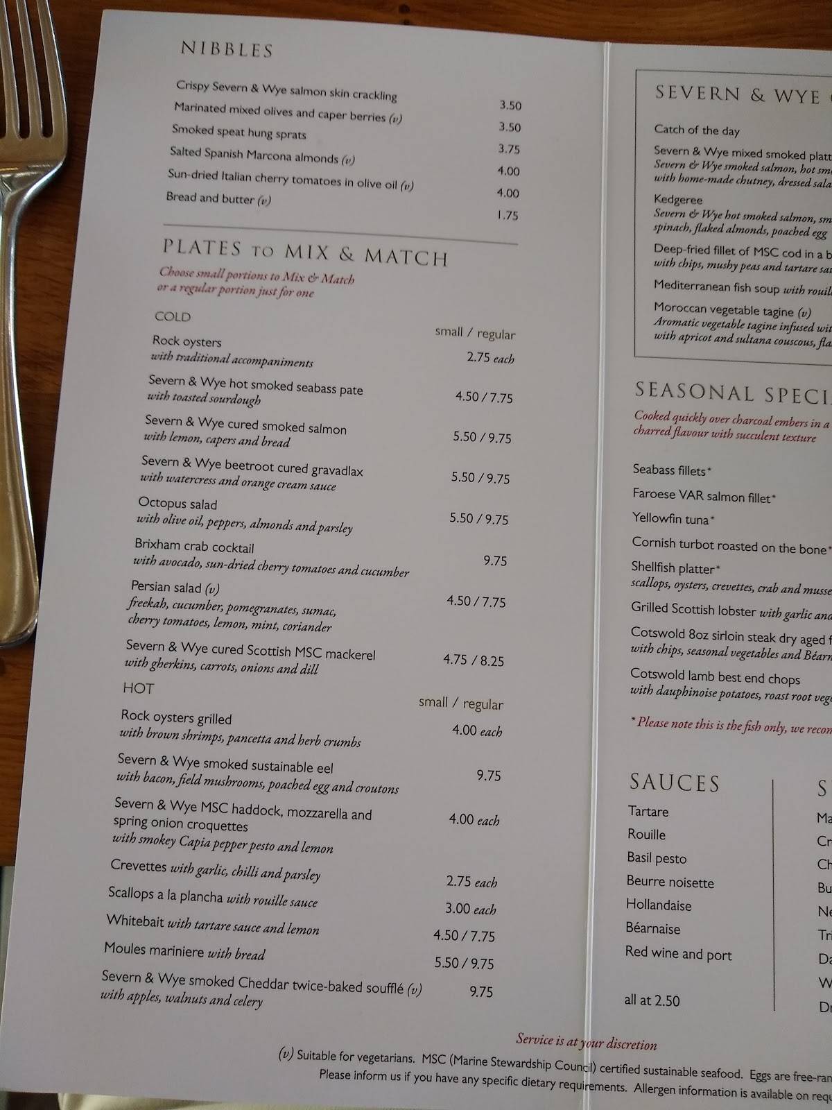Menu at Severn & Wye Smokery restaurant, Westbury-on-Severn