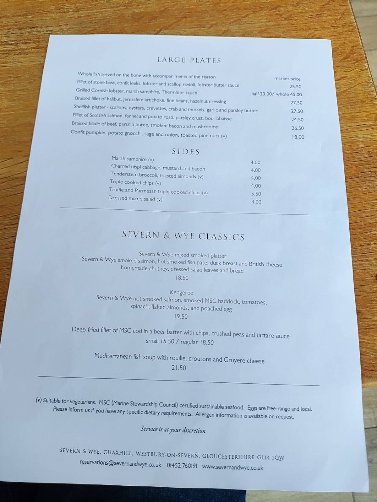 Menu at Severn & Wye Smokery restaurant, Westbury-on-Severn