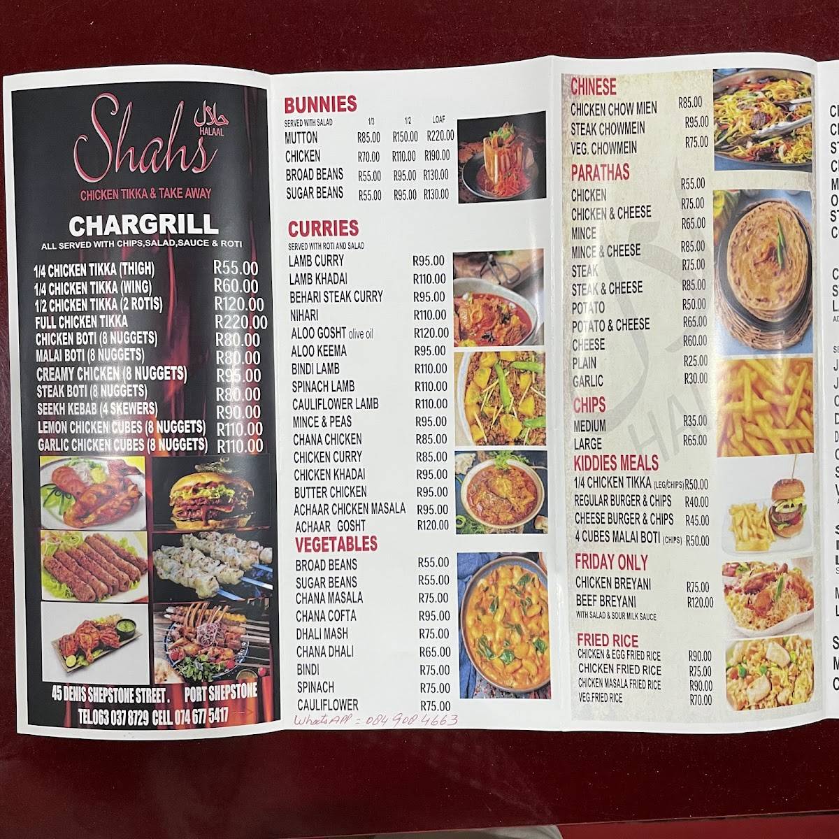 Menu at Shah Chicken Tikka restaurant, Port Shepstone