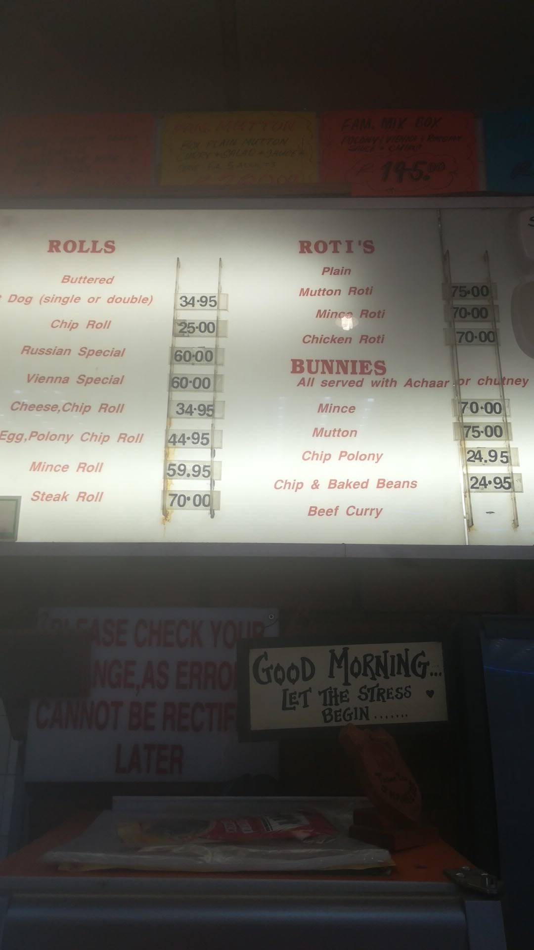 Menu at Shaheed's Grab and Go restaurant, Johannesburg