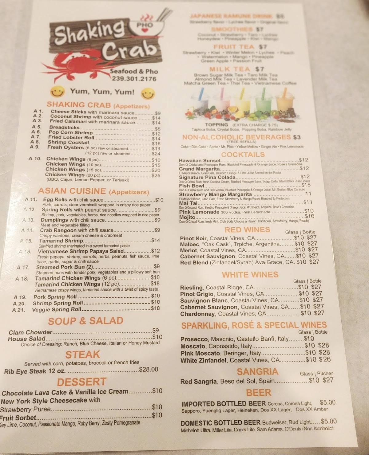 Menu at Shaking Crab seafood & pho pub & bar, Bonita Springs