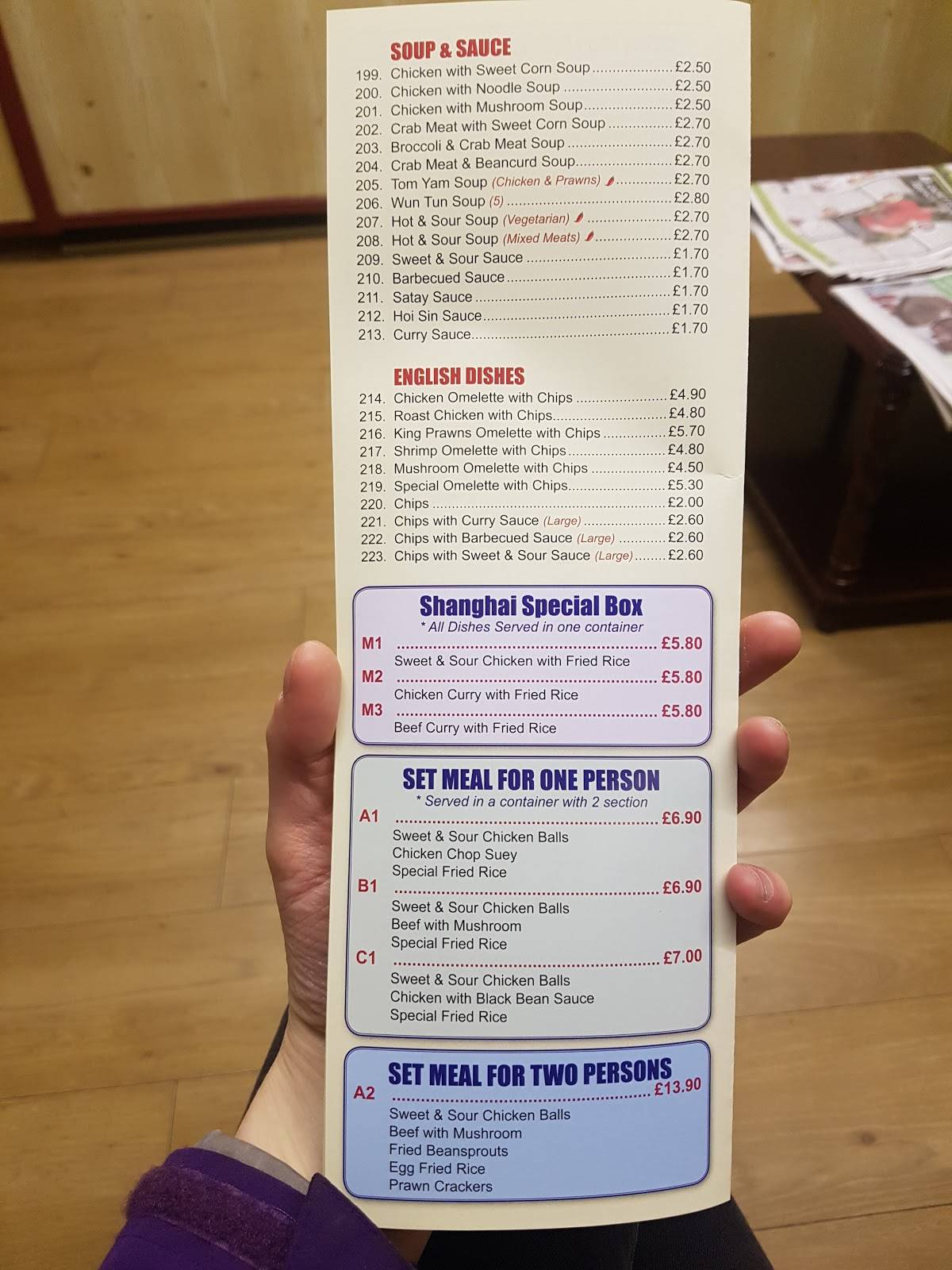 Menu at Shanghai fast food, Faversham