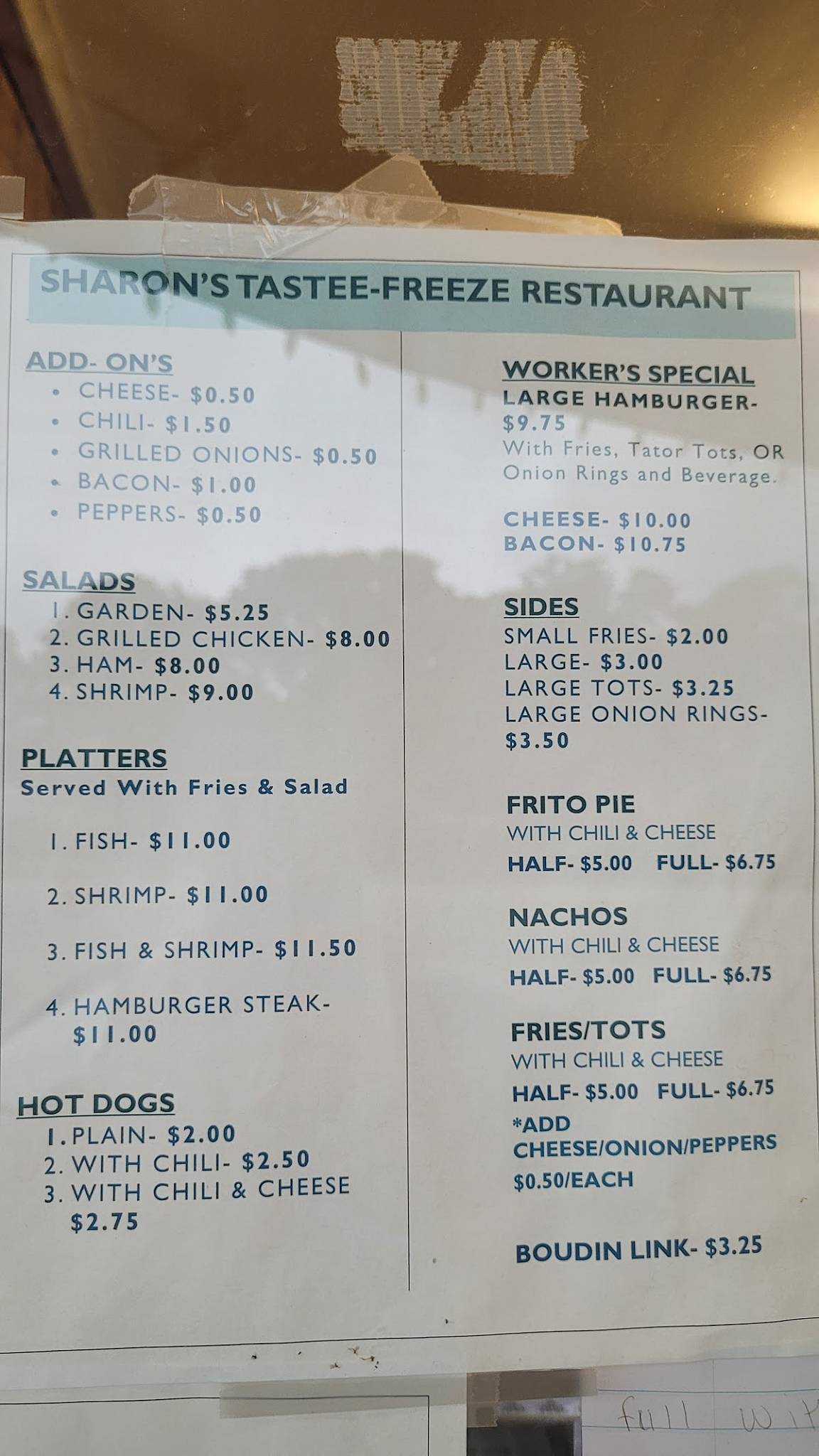 Menu at Sharon's restaurant, Morgan City