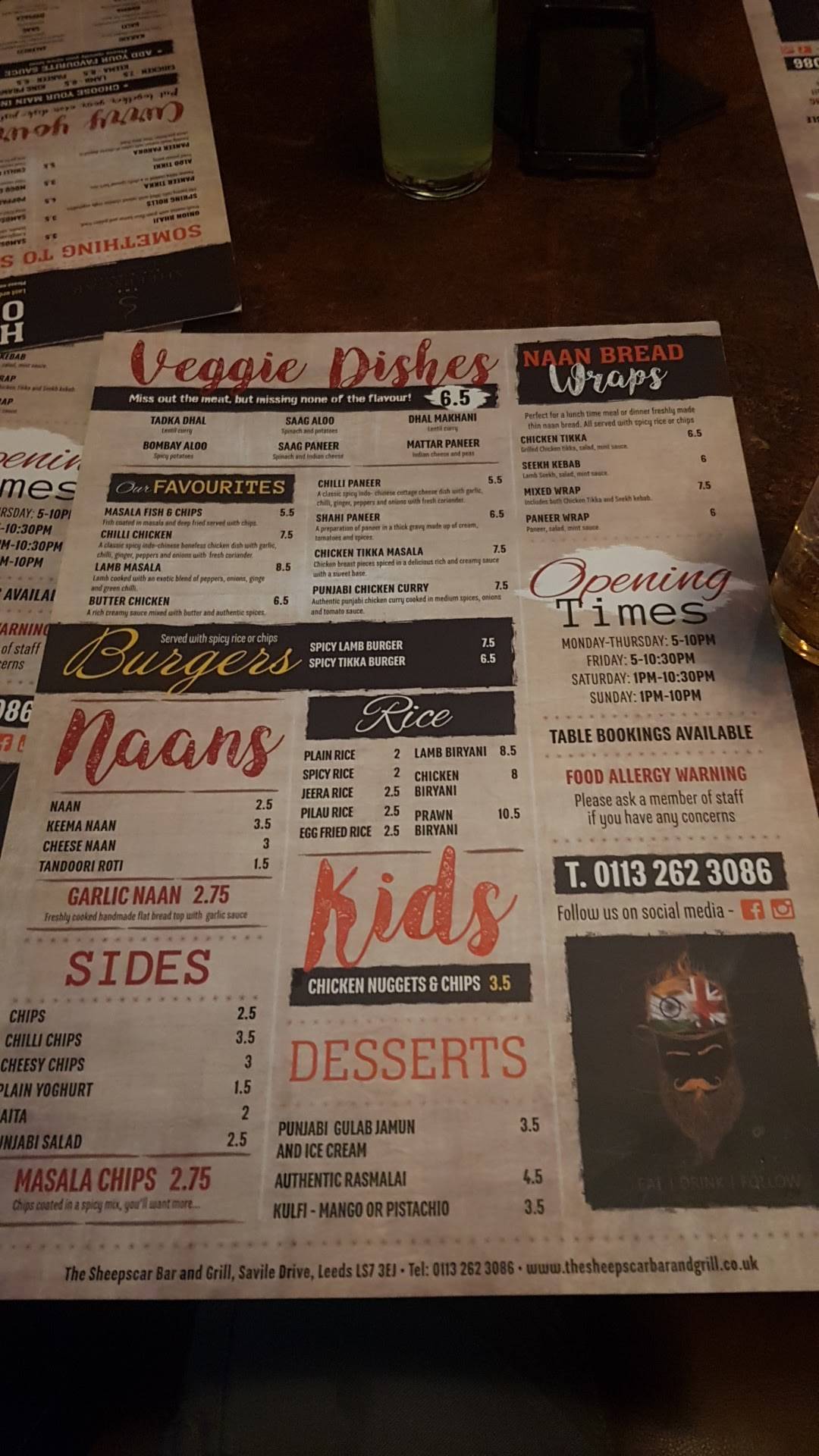 Menu at Sheepscar Bar & Grill, Leeds