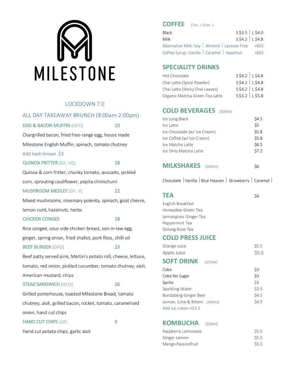 Menu at Milestone Cafe & Bistro, Kialla