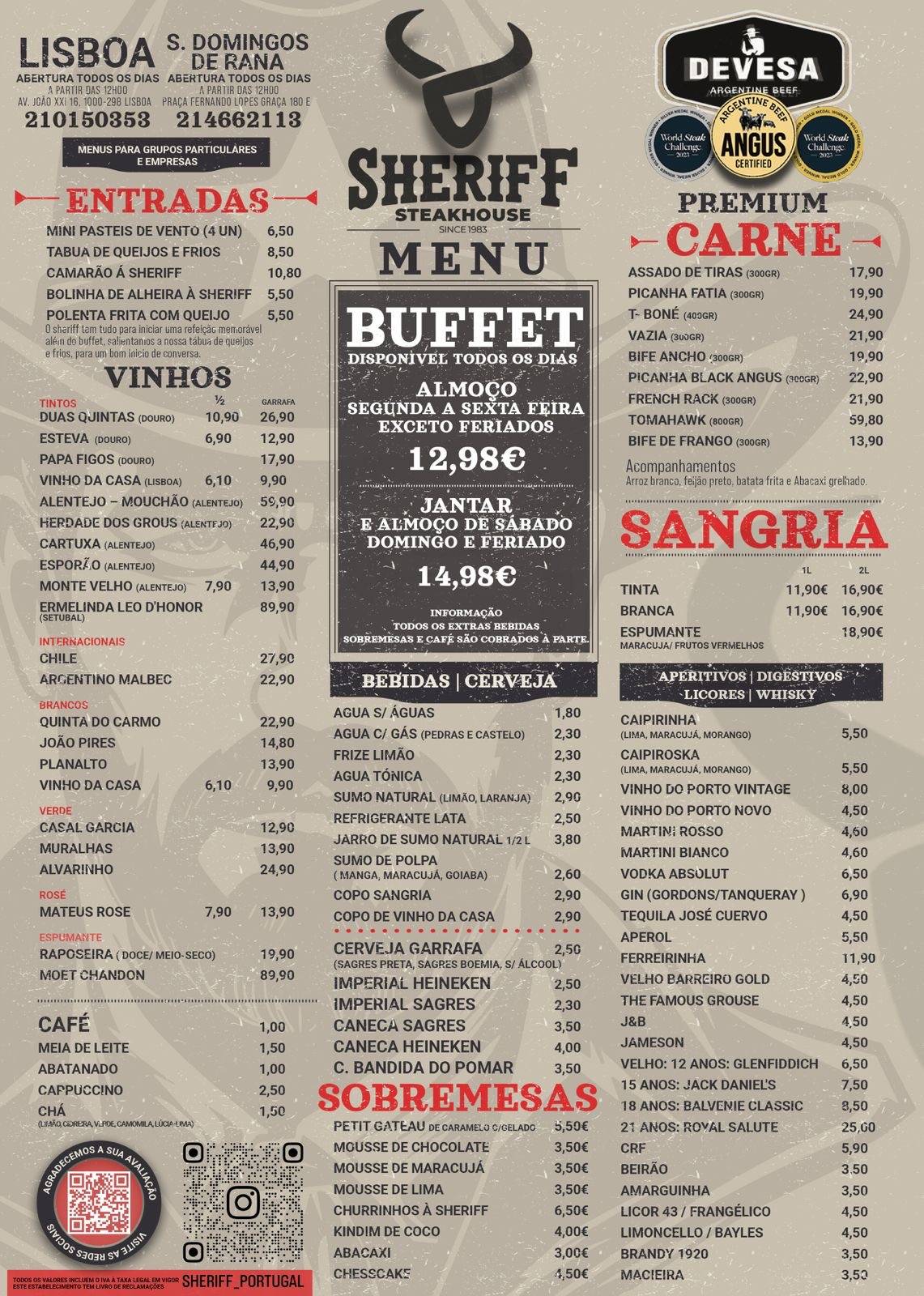 Menu at Sheriff Steakhouse, Lisbon
