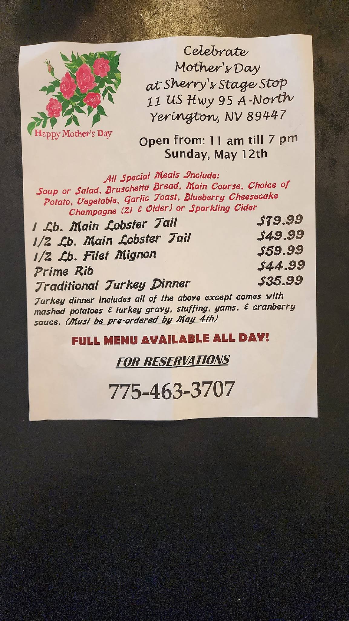 Menu at Sherry's Stage Stop Restaurant, Yerington