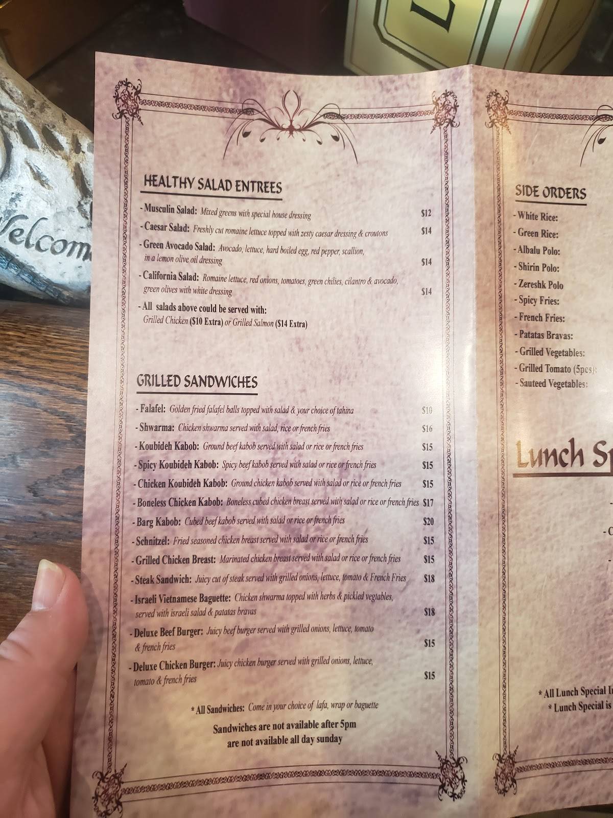 Menu at Shiraz restaurant, Great Neck