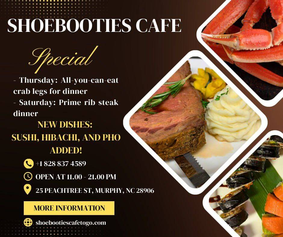 Menu at ShoeBooties Cafe, Murphy