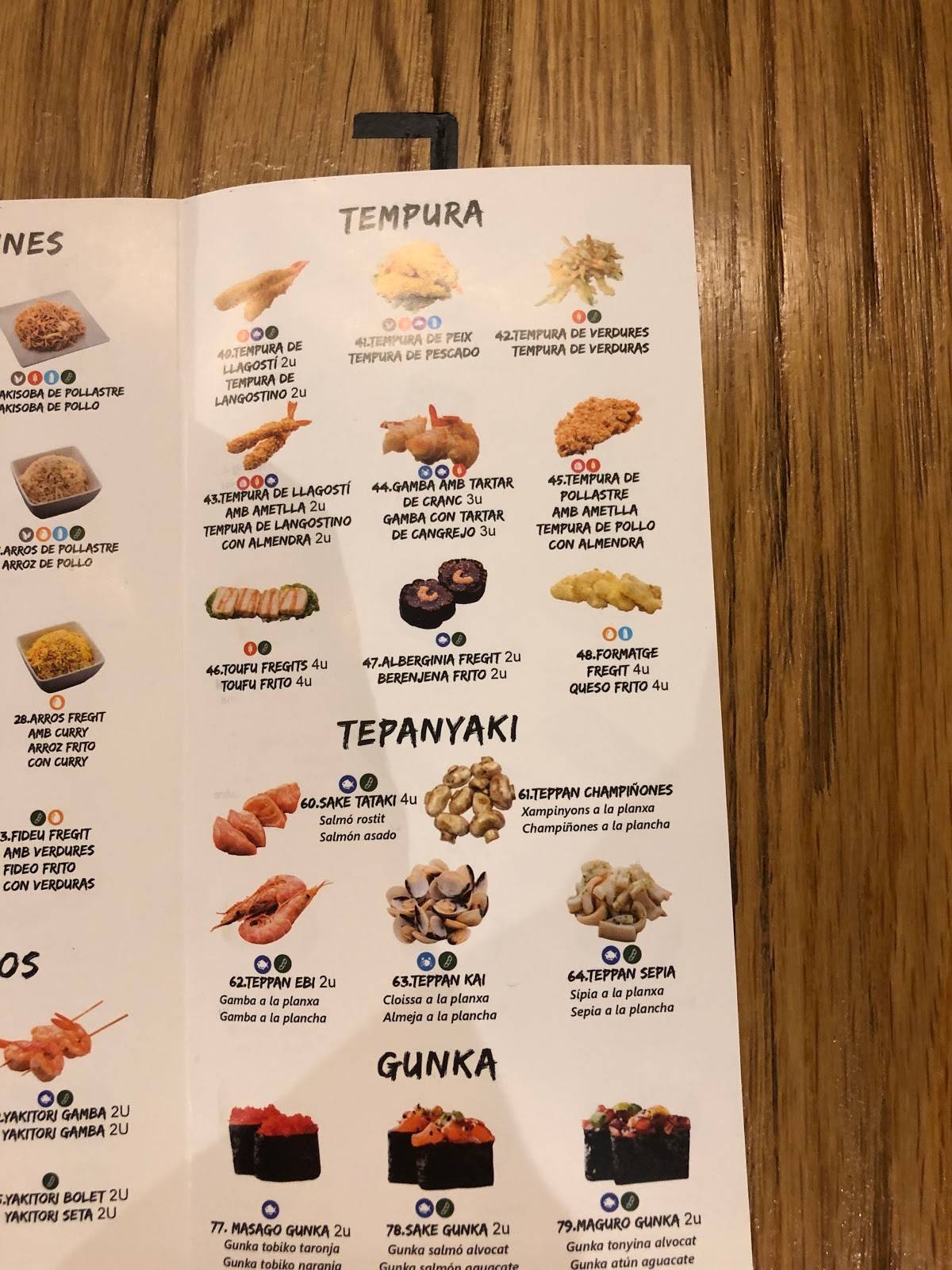 Carta del restaurante Shokudo, Barcelona
