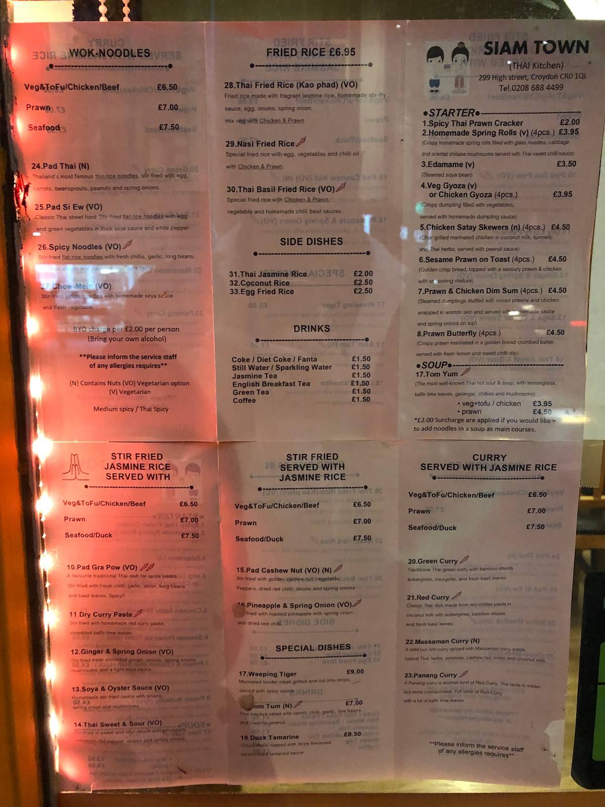 Menu at Siam Town restaurant, Croydon