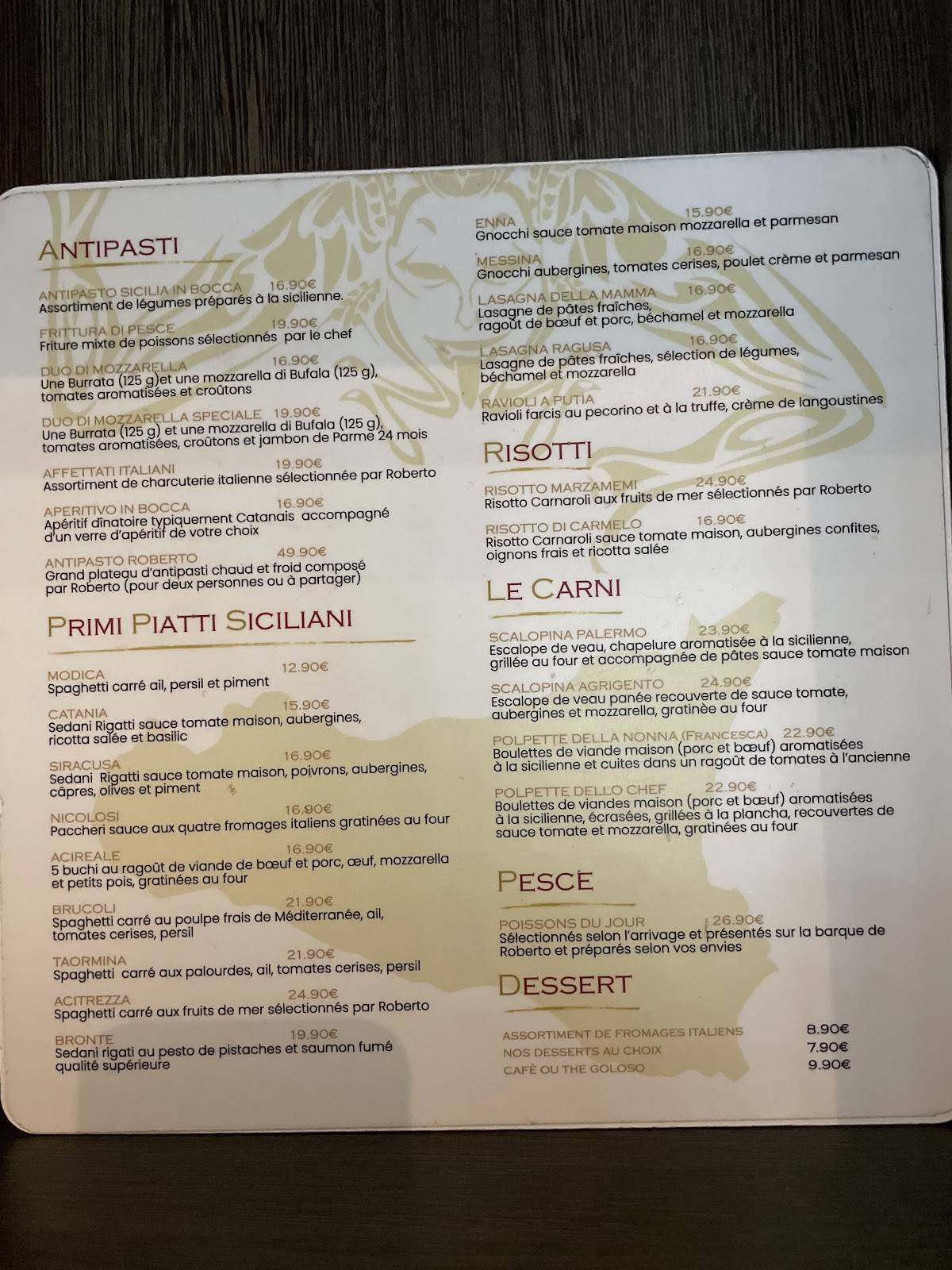 Menu au Sicilia In Bocca restaurant, Bordeaux, 24 Bd Antoine Gautier