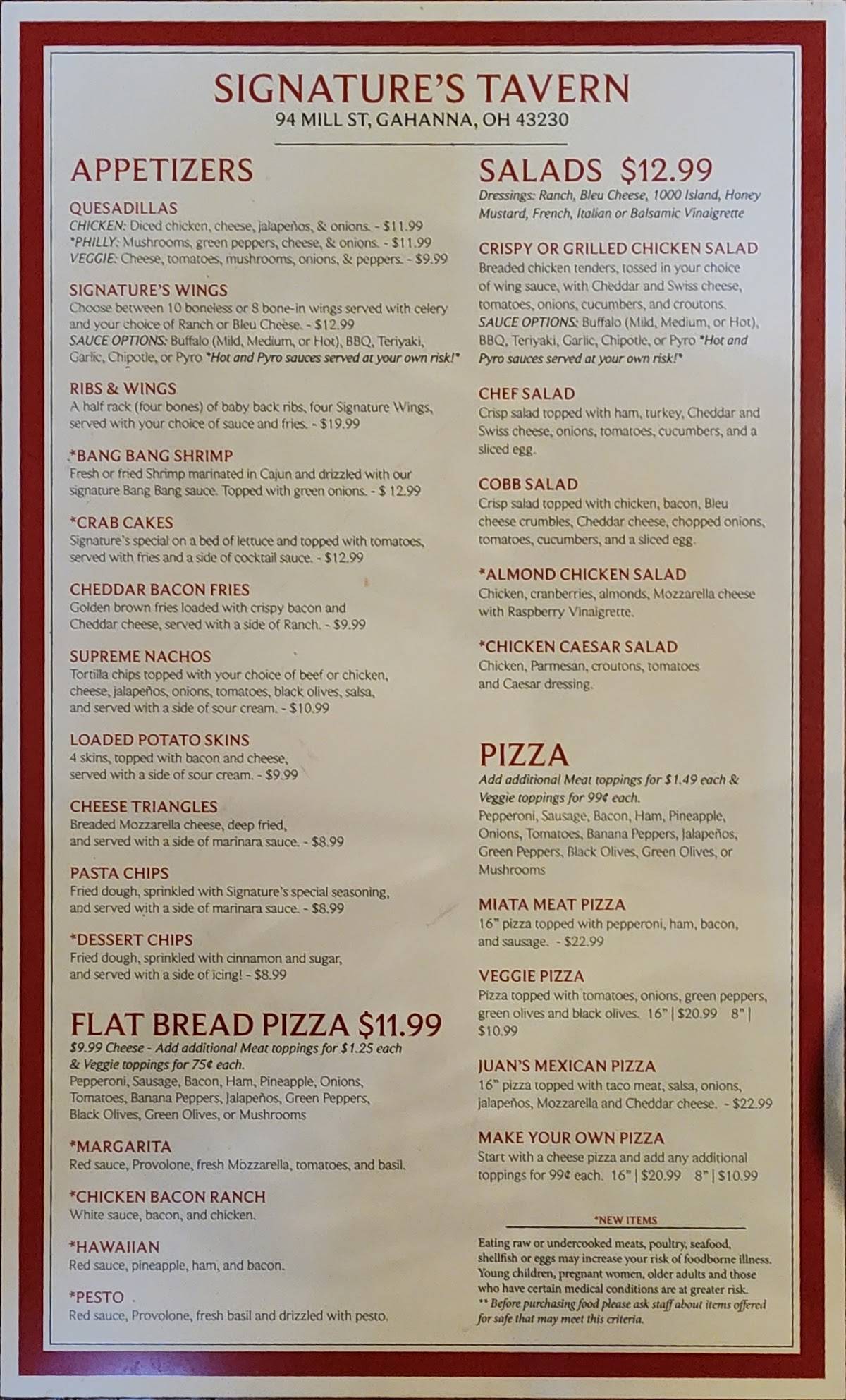 Menu at Signatures Mill Stone Tavern pub & bar, Gahanna