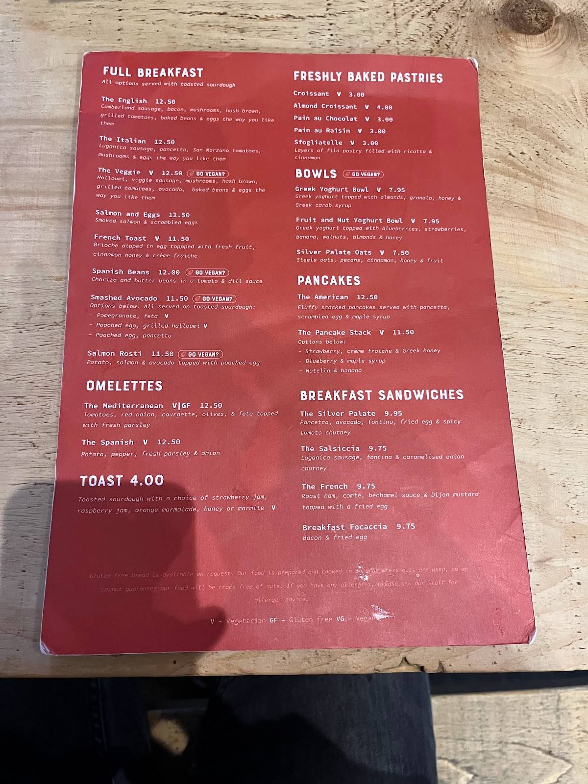 Menu at Silver Palate restaurant, Harpenden