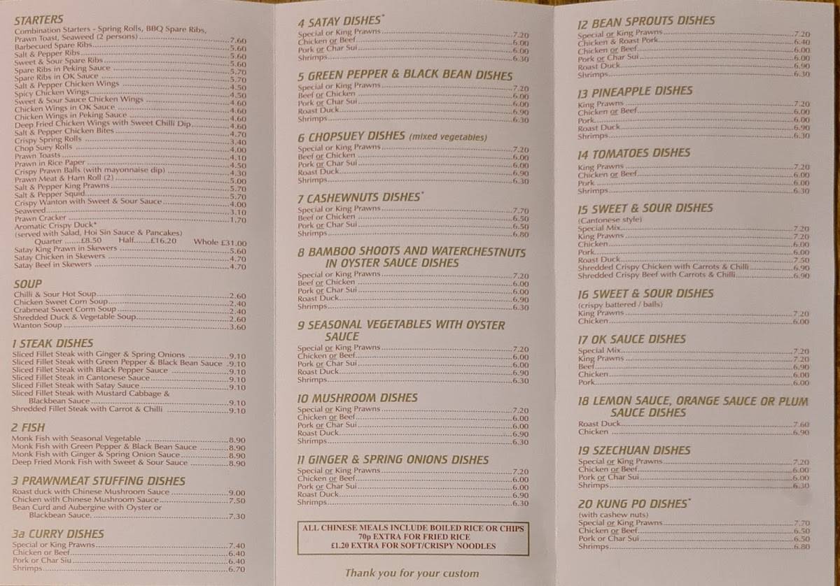 Menu at Silver Vase fast food, Leeds