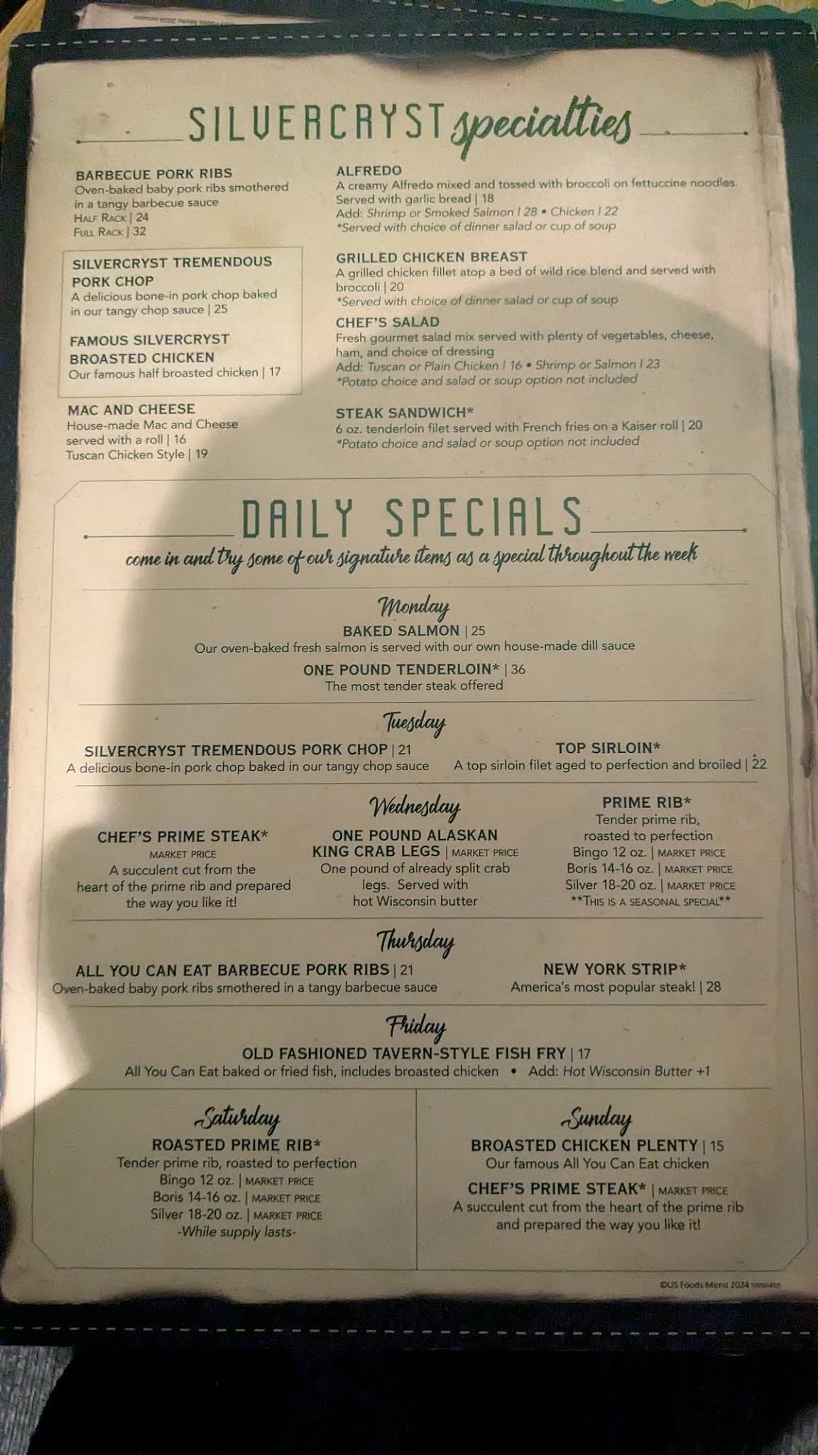 Menu at Silvercryst Supper Club Resort & Motel, Wautoma