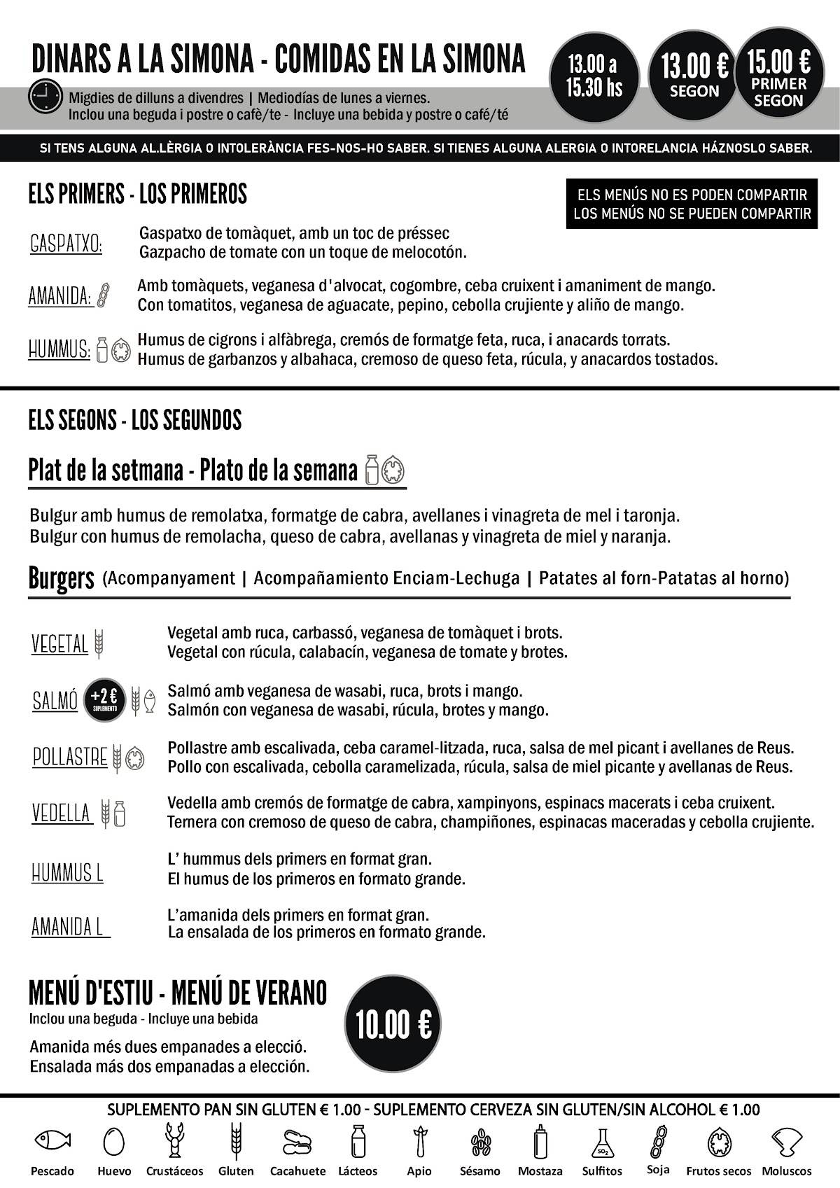 Carta del restaurante Simona, Reus