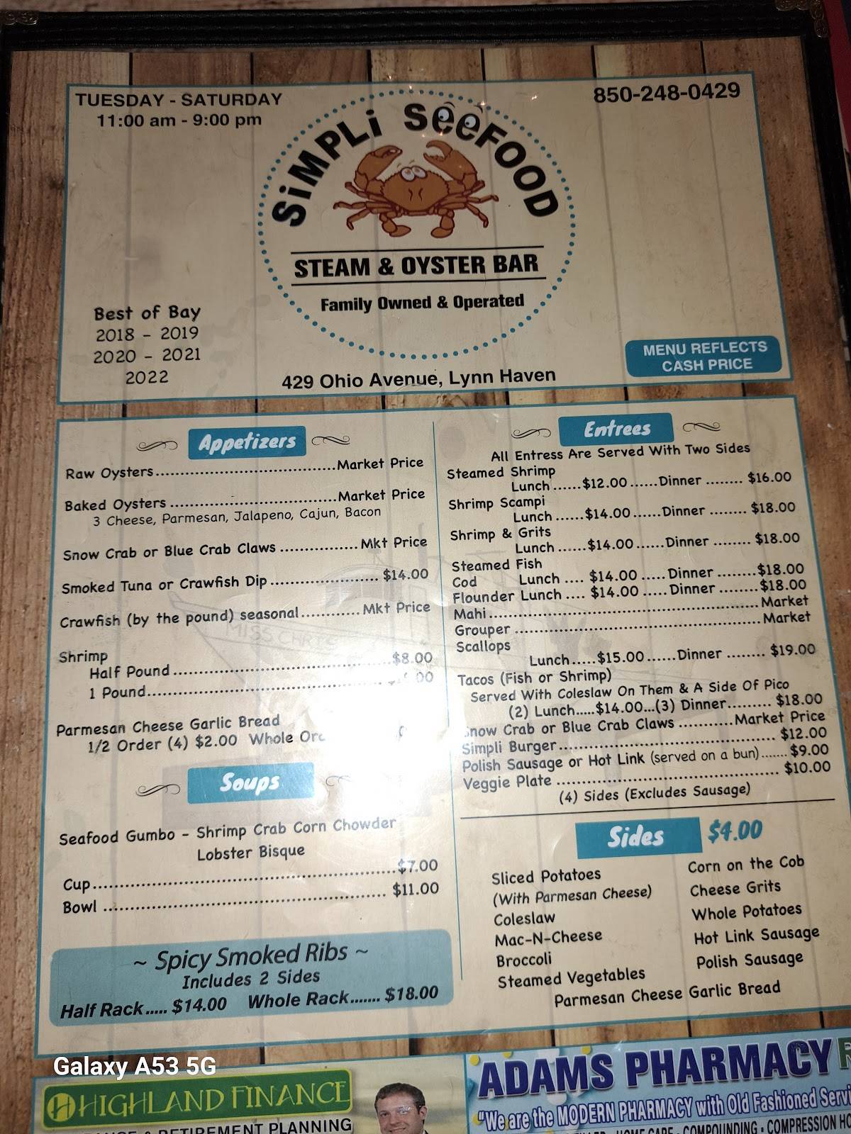 Menu at Simply Seafood Market & Oyster Bar, Lynn Haven